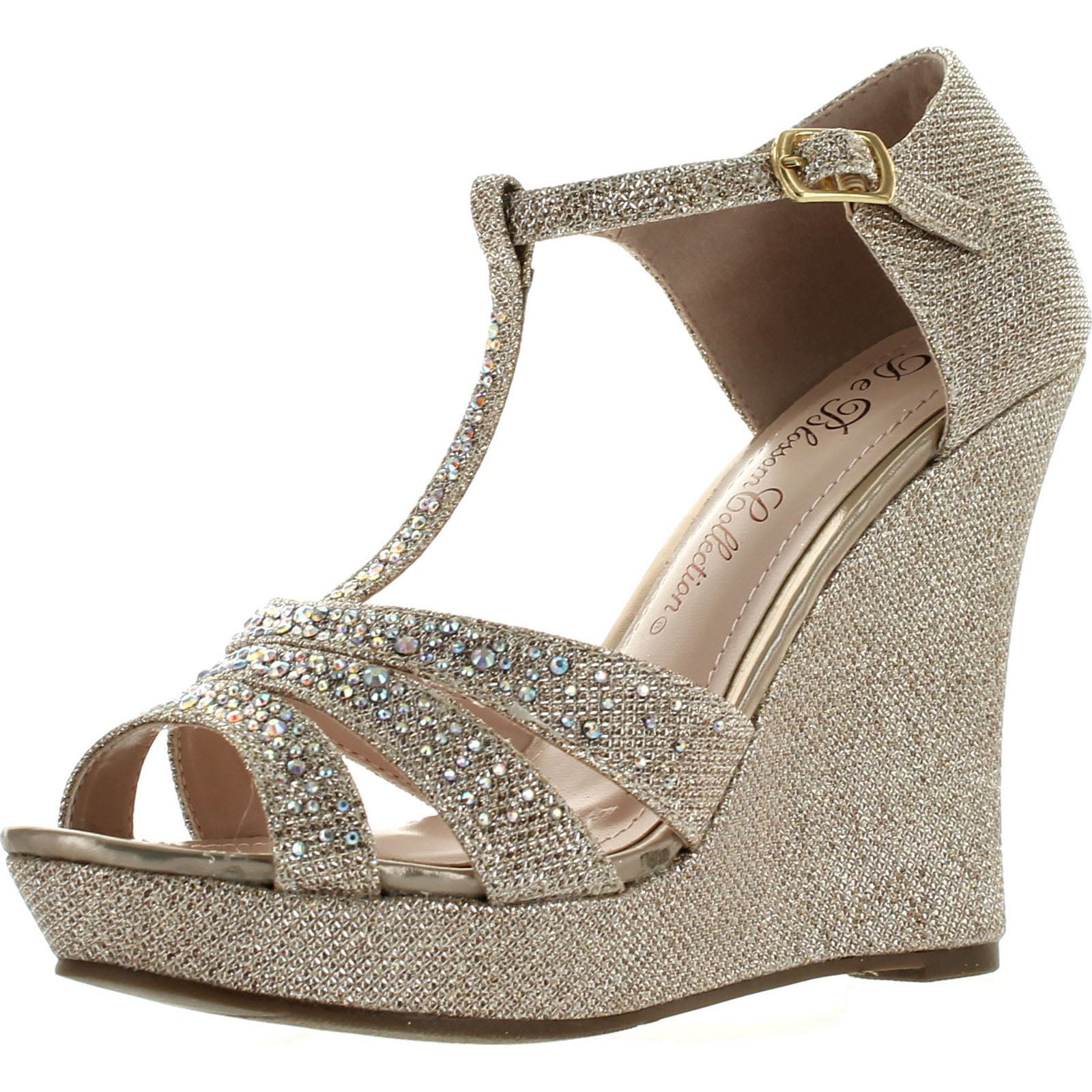 De Blossom Womens Dressy Glitter Rhinestone T Strap Platform Wedge ...