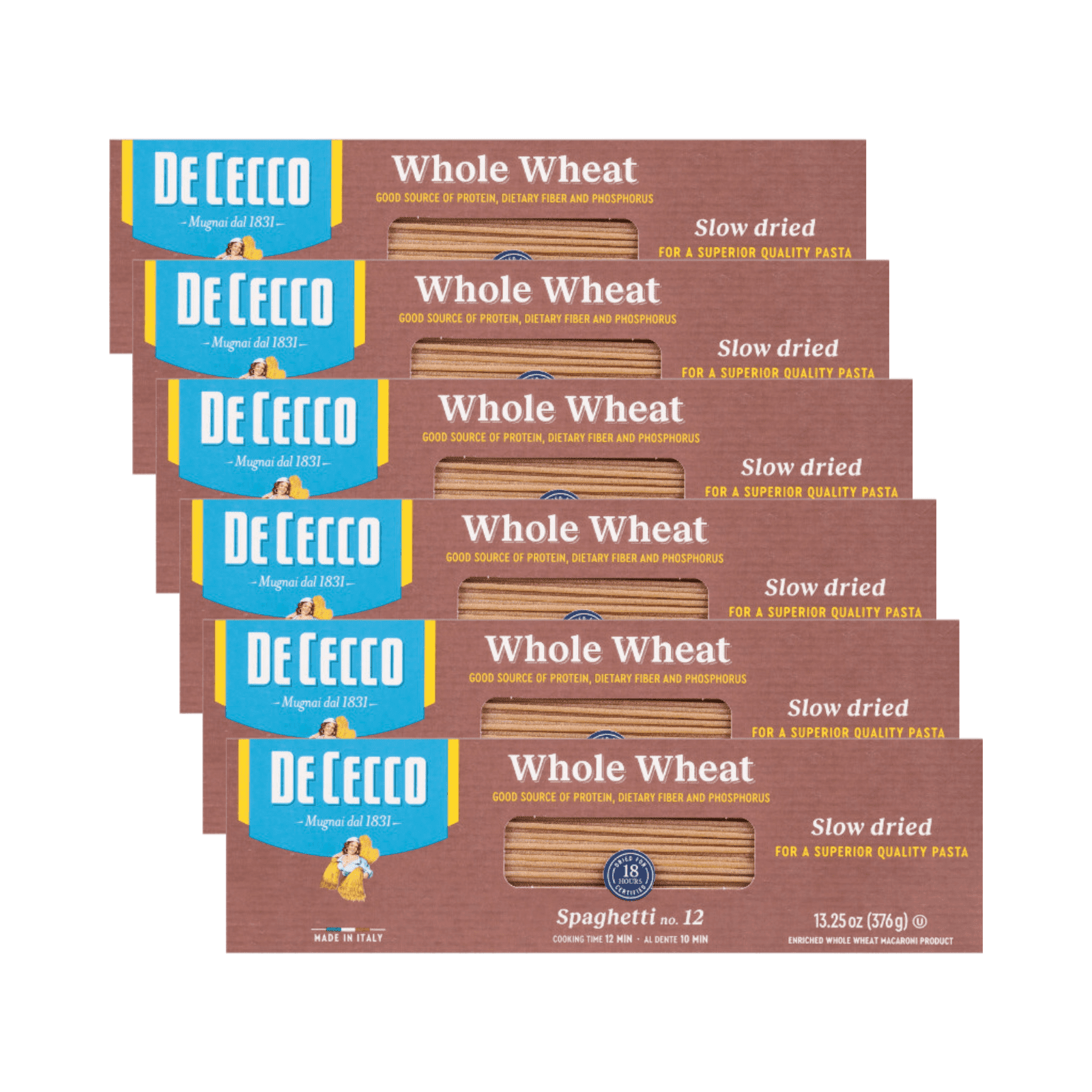 De Cecco 100% Whole Wheat Spaghetti No.12 Pasta, 13.25 oz (Pack of 6 ...
