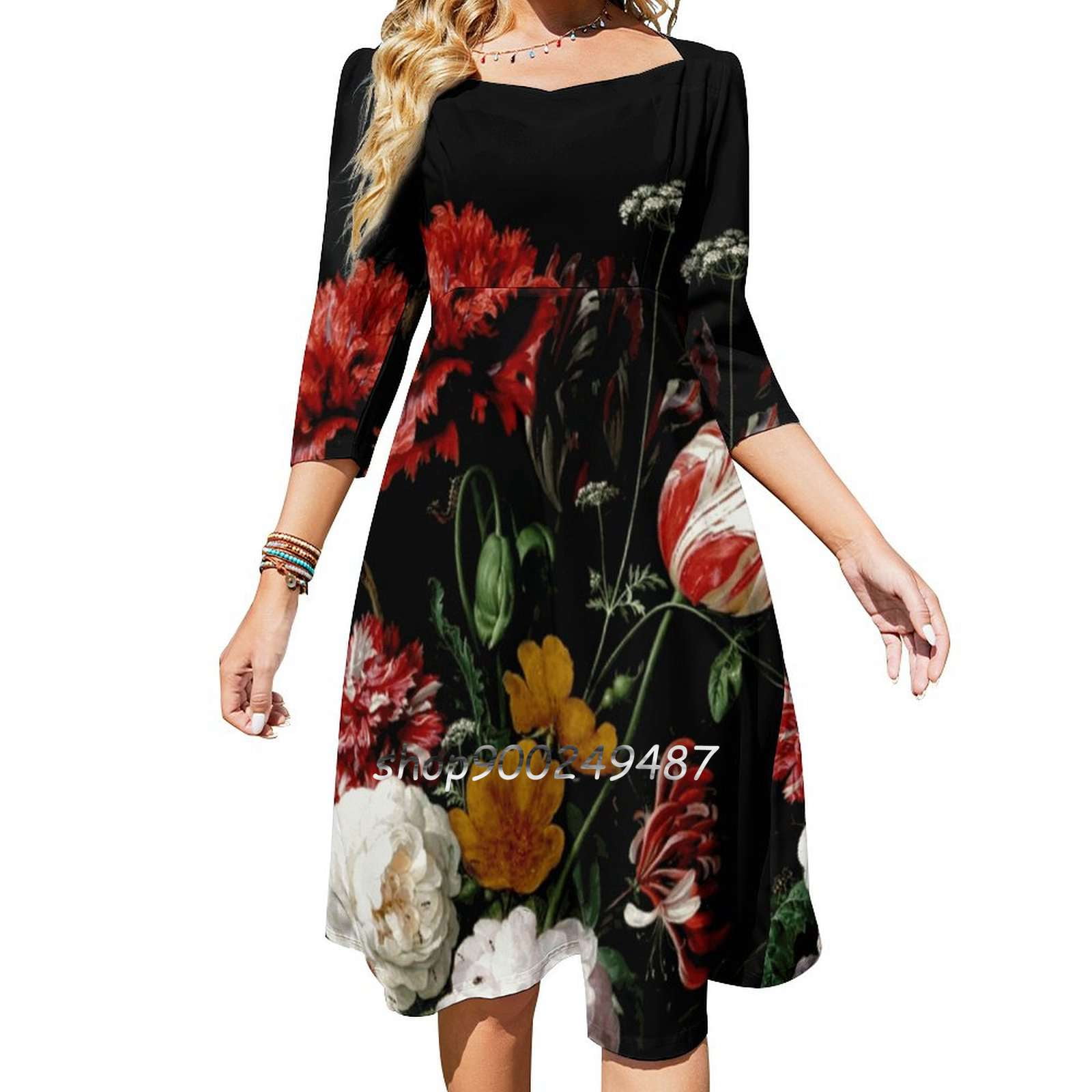 De Heem Square Neck Dress Sweet Summer Dress Women Elegant Halter Print ...