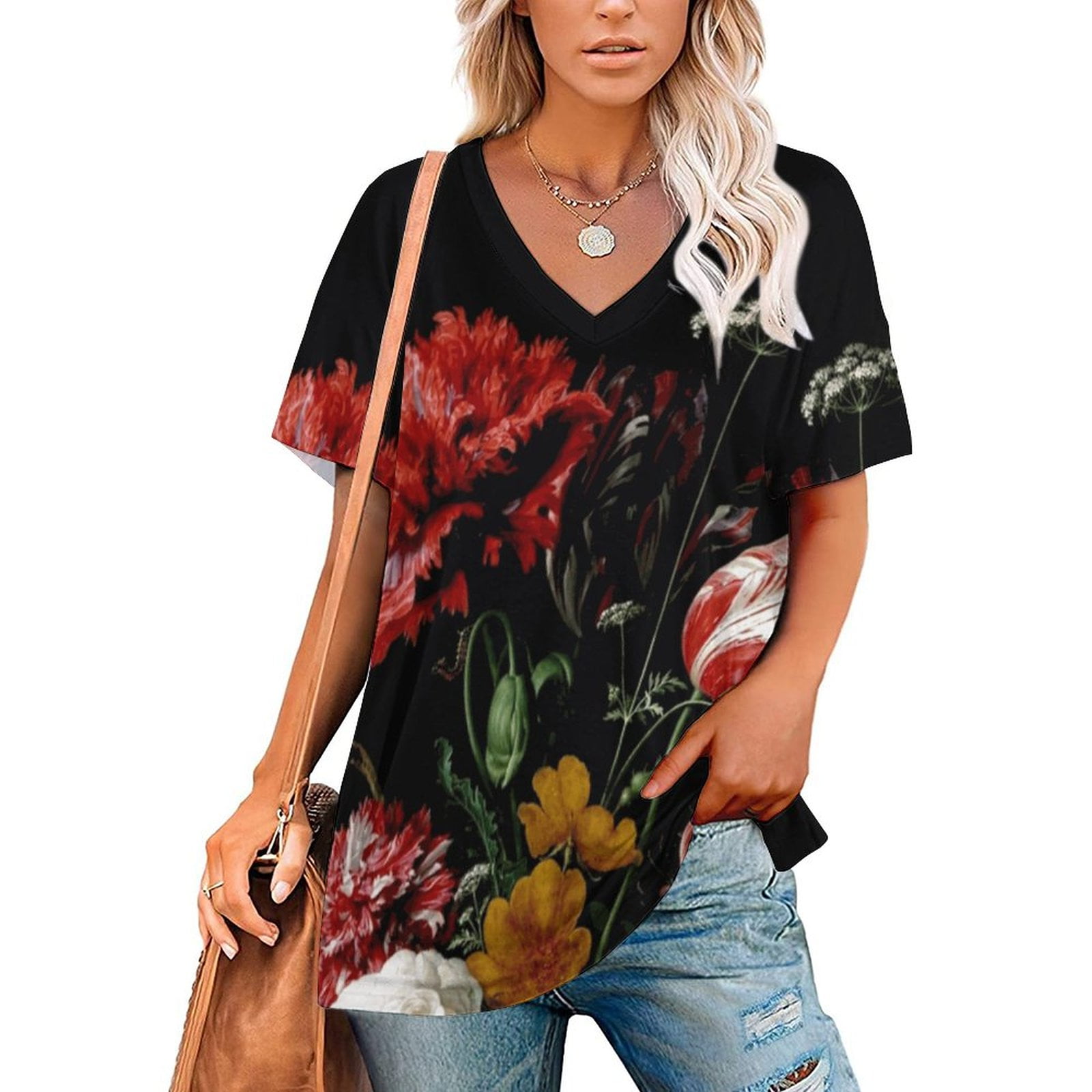 De Heem Women'S T-Shirt Summer Fashion Print Floral V-Neck Zipper ...