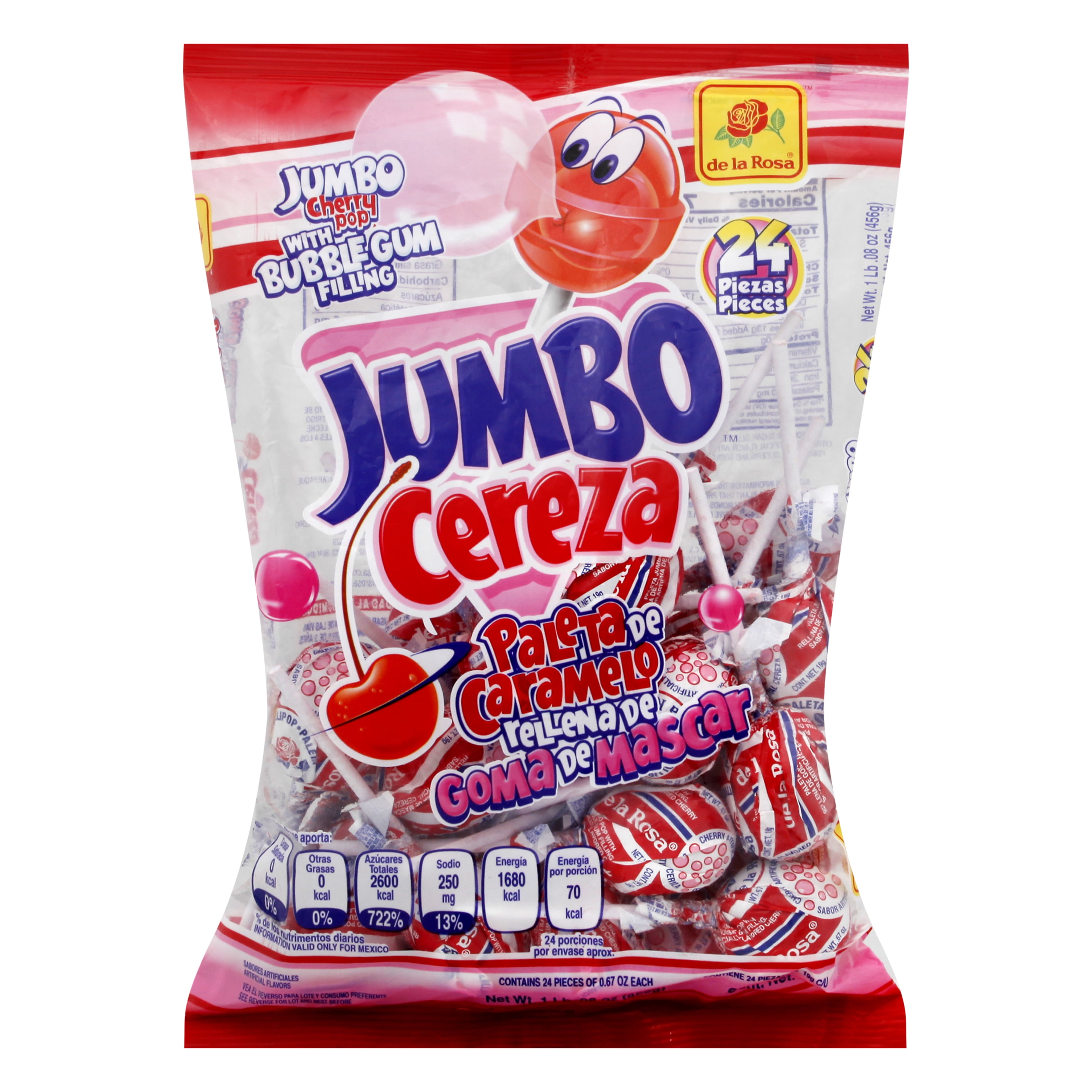 De La Rosa Individually Wrapped Jumbo Cherry Lollipops with Bubble Gum ...