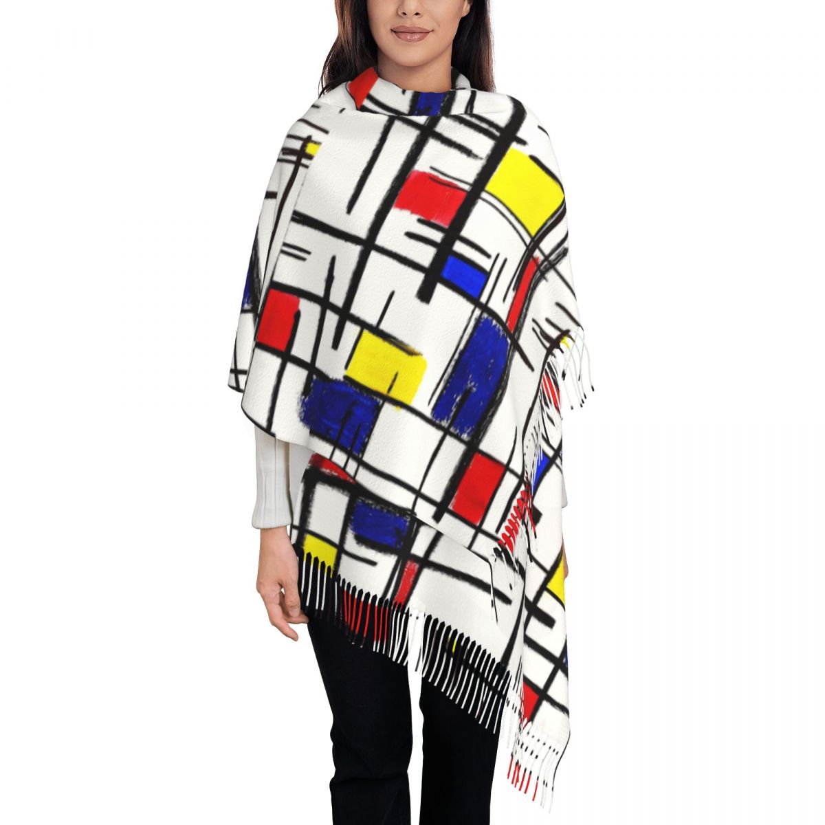 De Stijl Scarf Mod 60s Mondrian Style Warm Shawl Wraps with Tassel ...