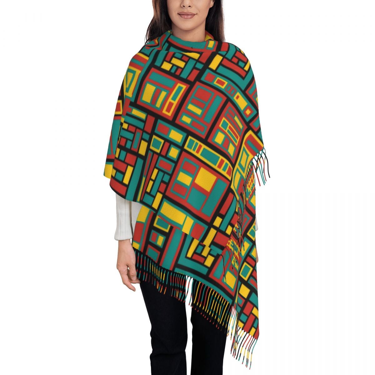 De Stijl Scarf Mod 60s Mondrian Style Warm Shawl Wraps with Tassel ...