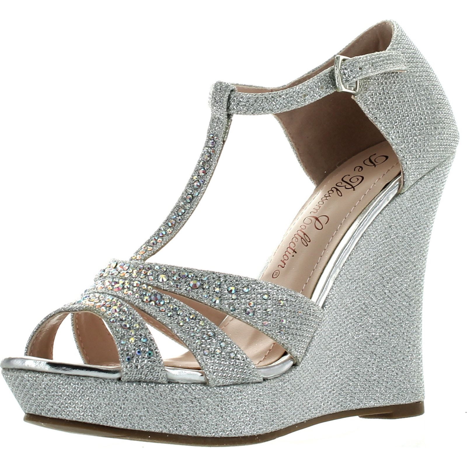 DeBlossom Womens Dressy Glitter Rhinestone T Strap Platform Wedge ...