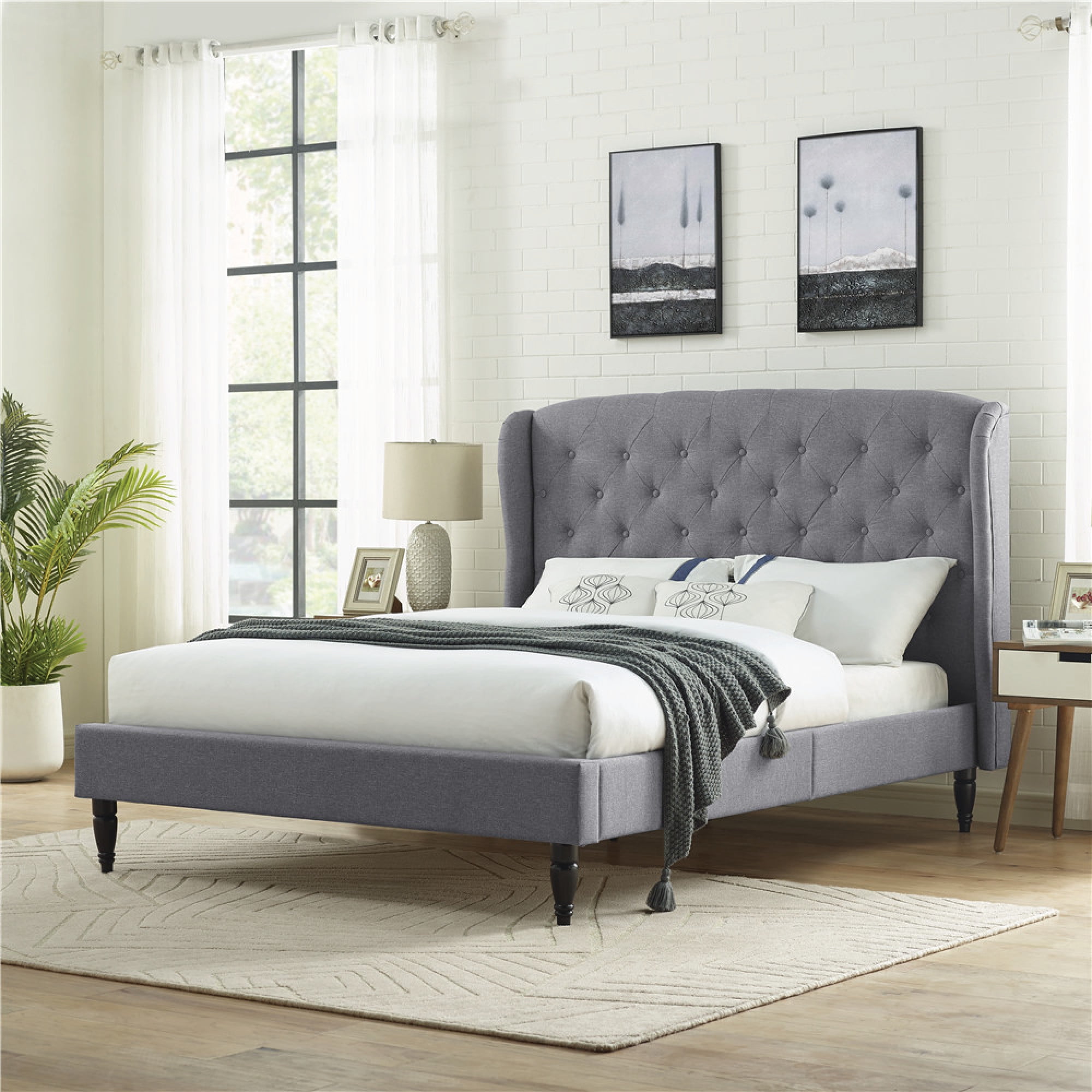 DeCoro Coventry Upholstered Platform Metal Bed Frame, King, Light Gray ...