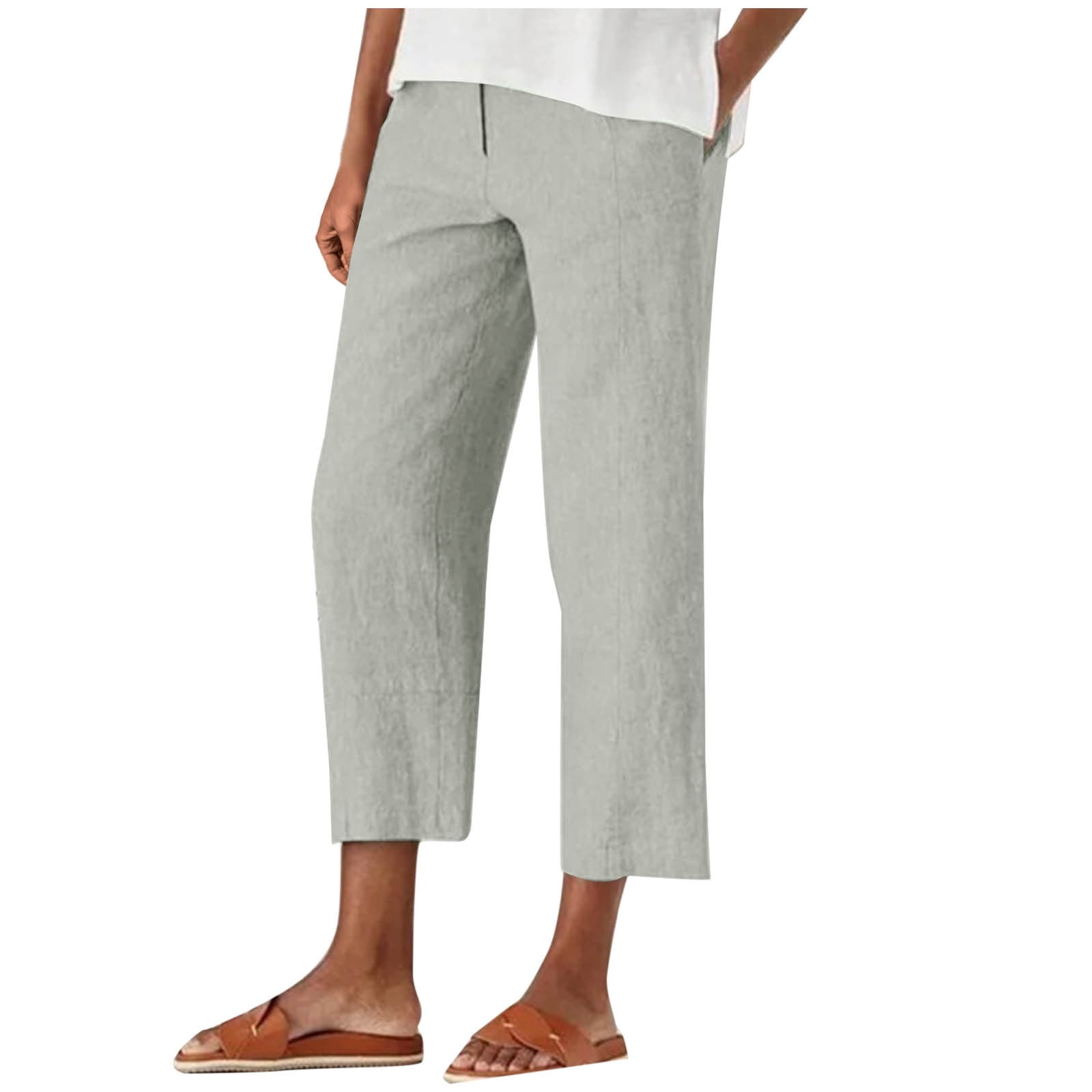 DeHolifer Capris Pants for Women Cotton Linen Summer Trendy Solid Color ...