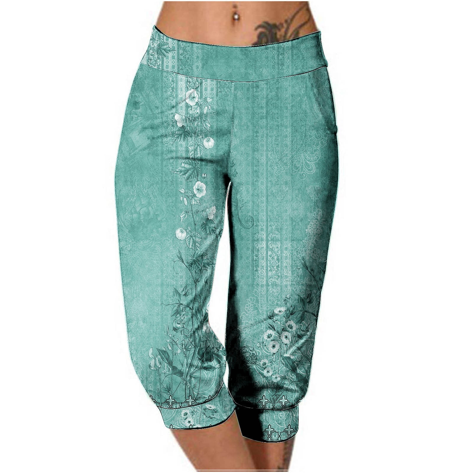 DeHolifer Capris Pants for Women Elastic Waist Floral Print Straight Leg Cropped Pants Summer ...