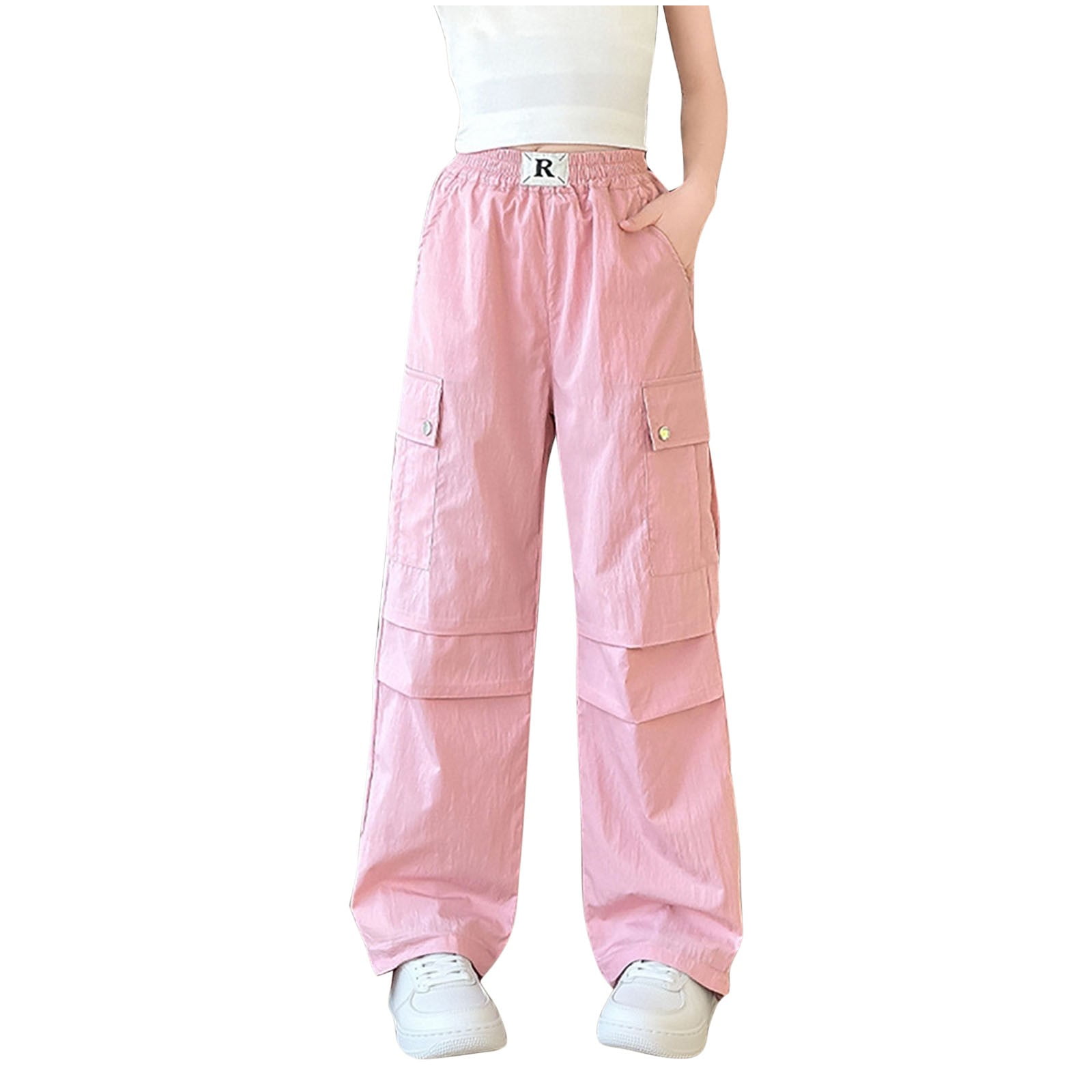 DeHolifer Cargo Pants for Girls Elastic Waisted Baggy Solid Color Quick ...