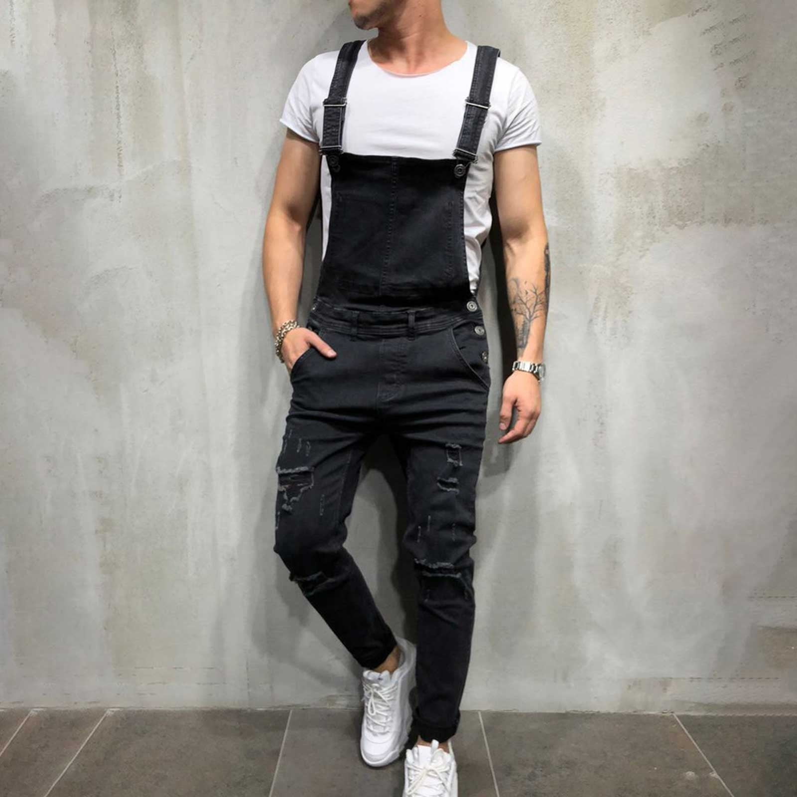 DeHolifer Denim Jumpsuit for Men Casual Suspender Adjustable Straps ...