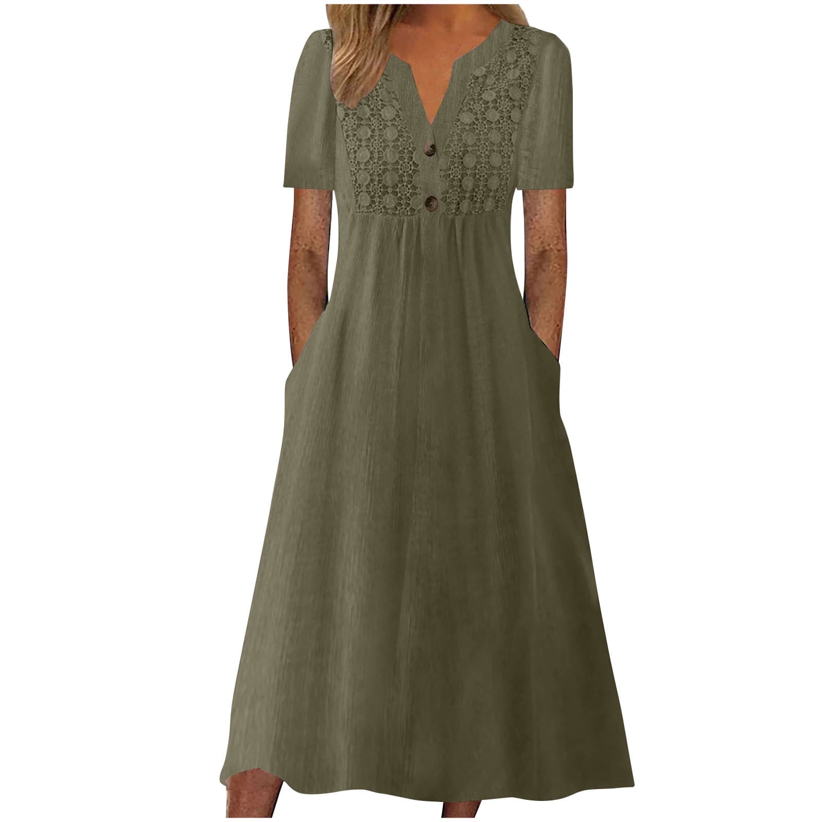 DeHolifer Dress for Women V-Neck Button Short Sleeve Solid Color Cotton ...