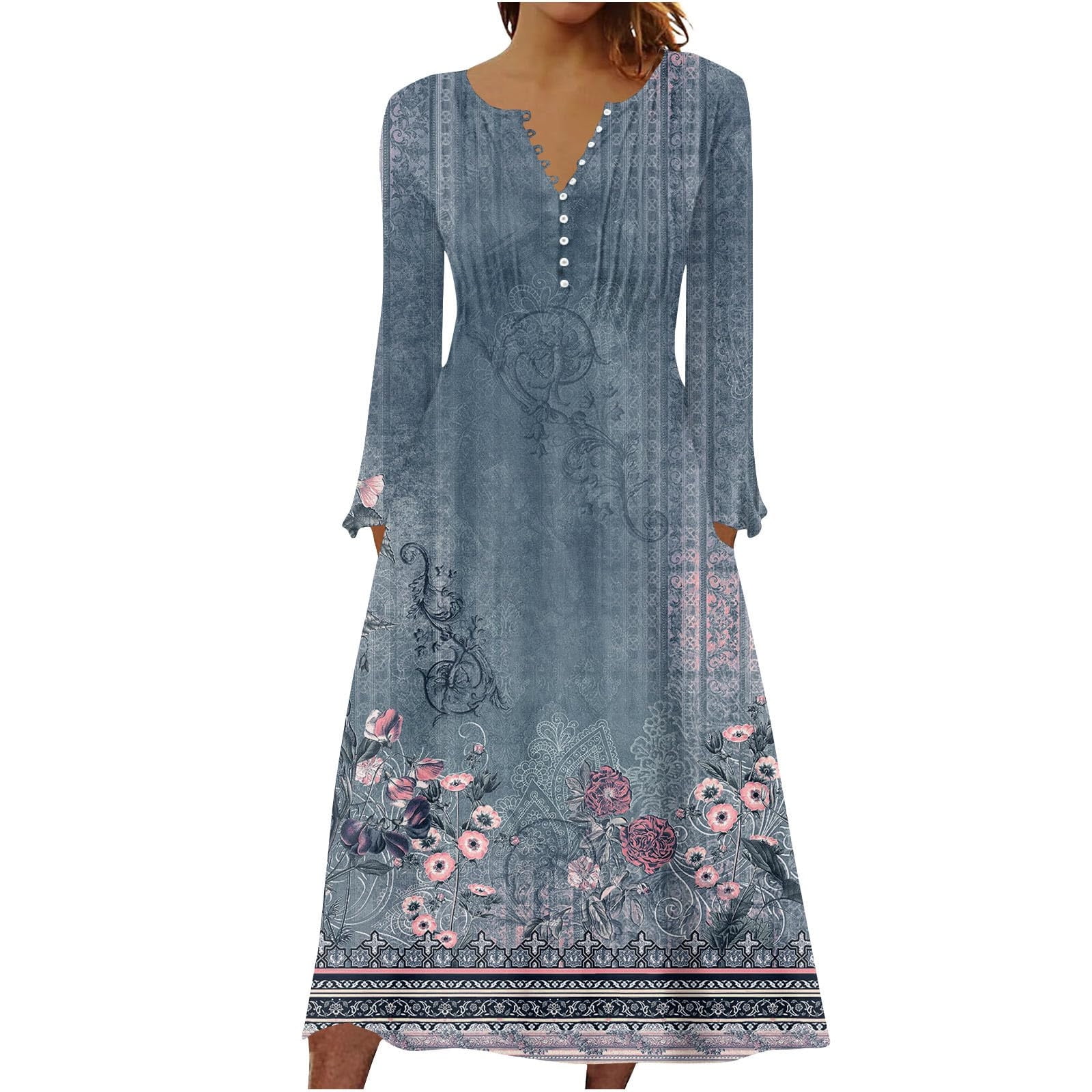 DeHolifer Dresses for Women 2023 Fall Casual Print Midi Dress Button V ...