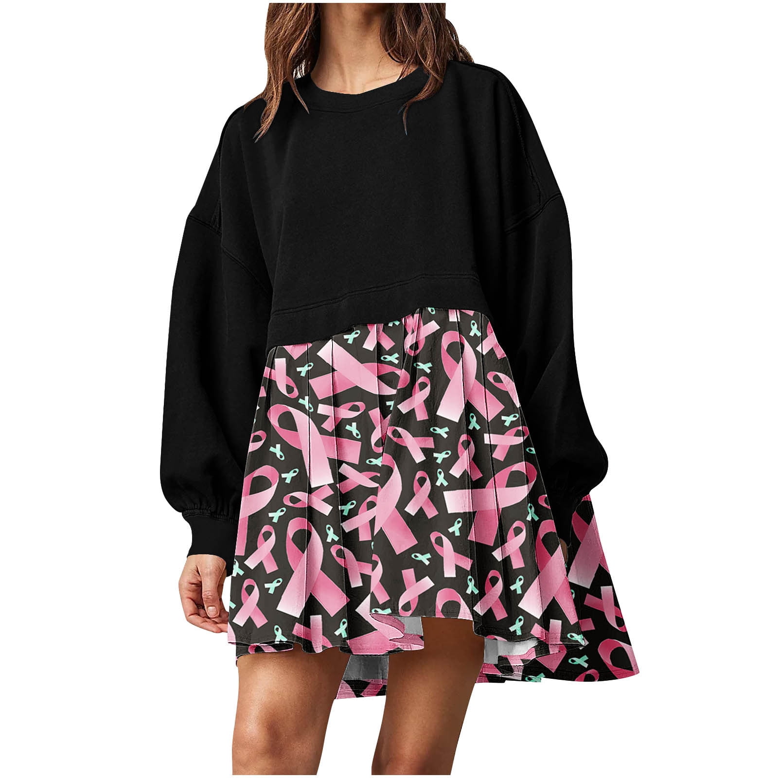 DeHolifer Dresses for Women Breast Cancer Print Crewneck Long Sleeve ...