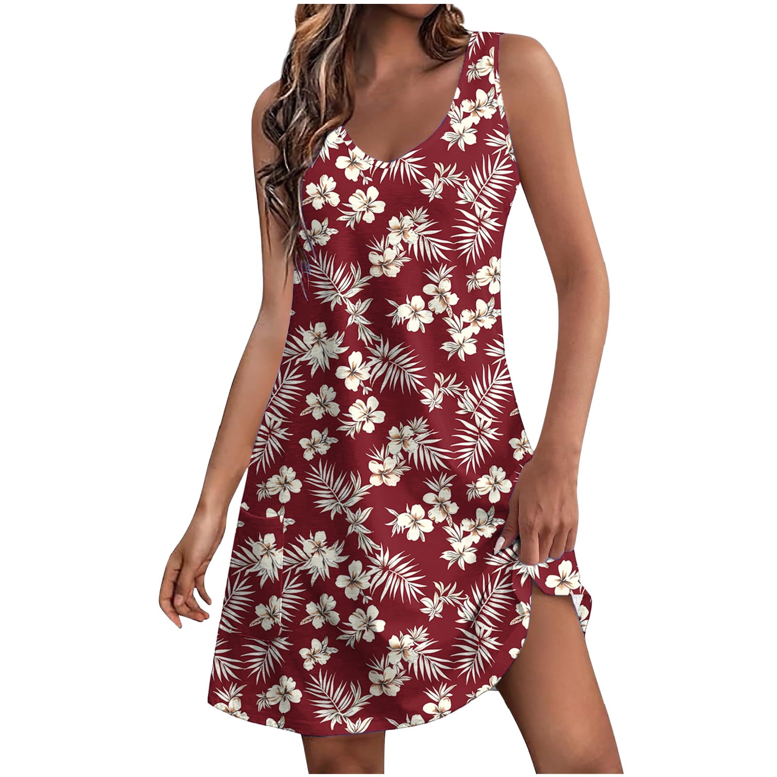 Deholifer Dresses For Women Floral Printed Sleeveless V Neck Summer Casual Long Dress Loose