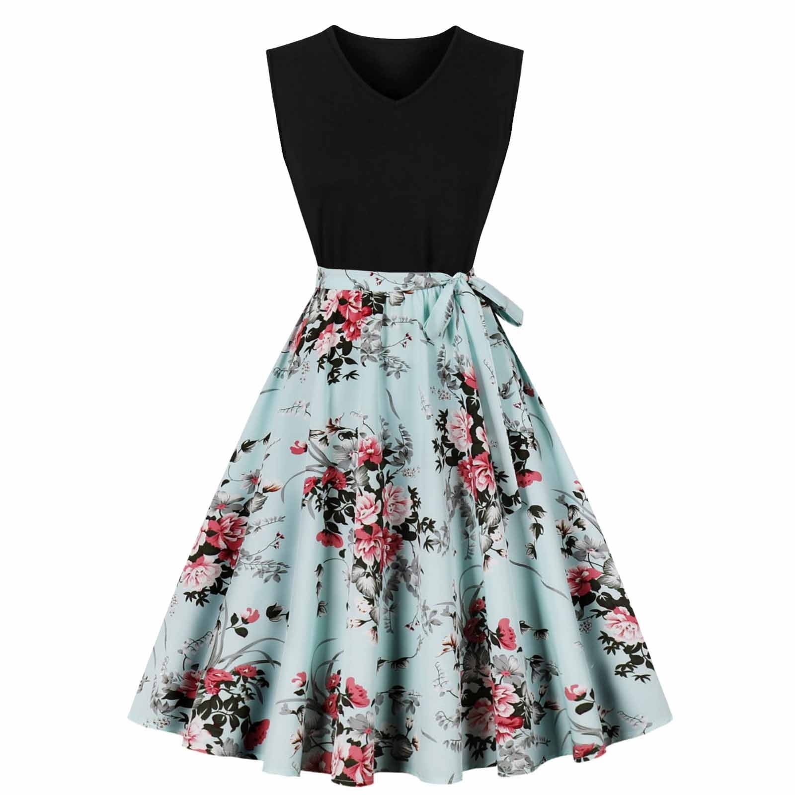 DeHolifer Dresses for Women Sleeveless Crewneck 1950s Vintage Floral ...