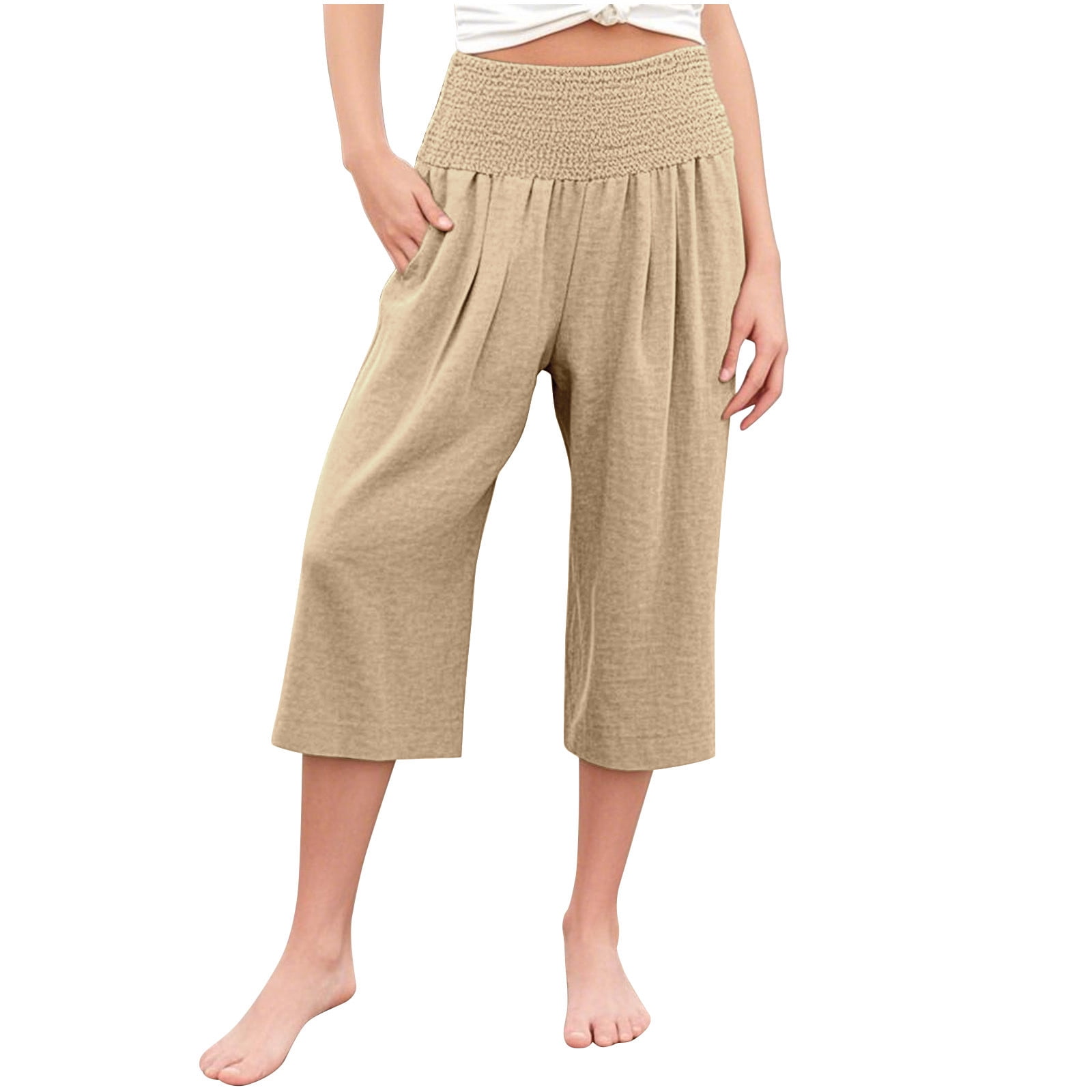 DeHolifer Girls Capris Pants Casual Elastic High Waist Solid Color ...