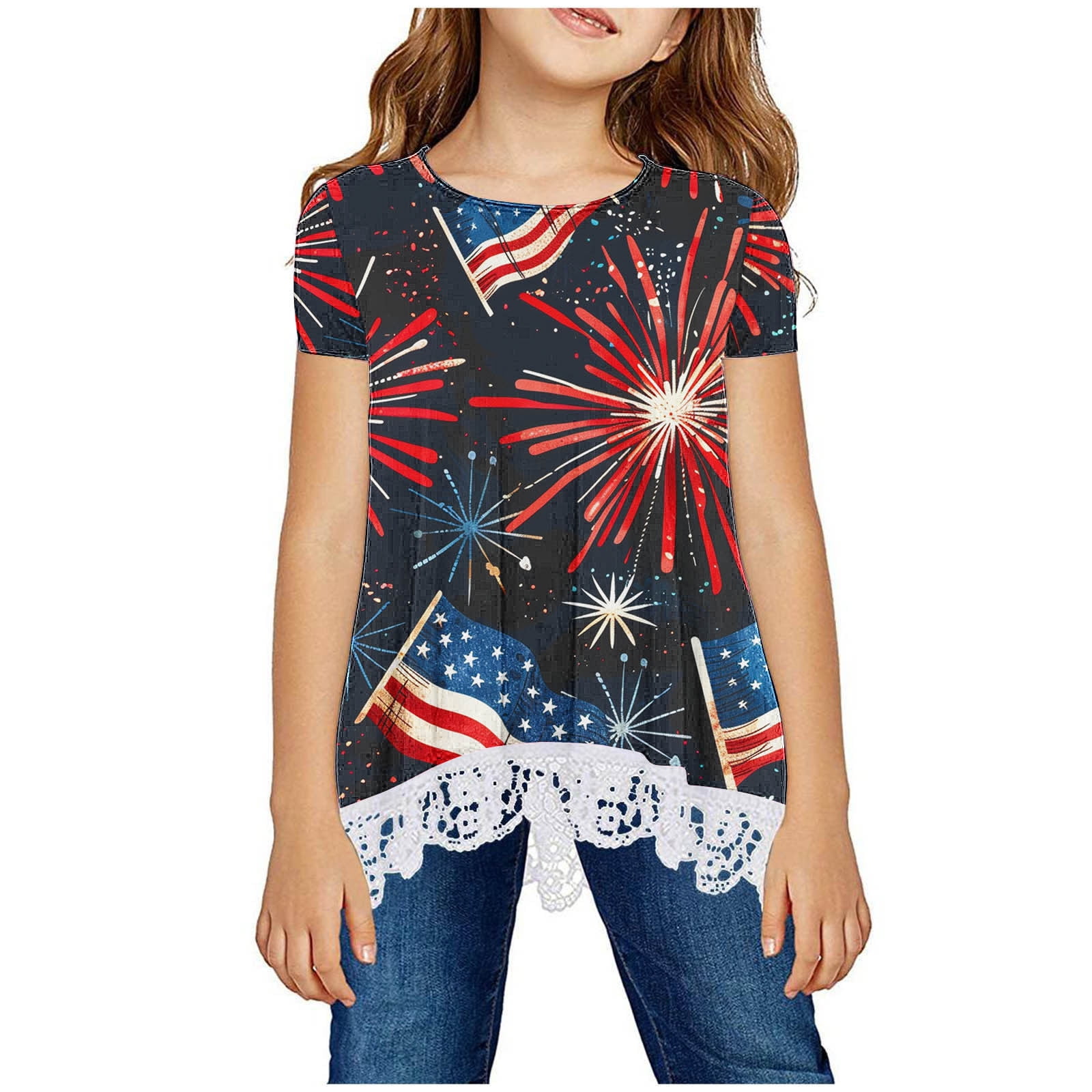 DeHolifer Girls Shirst Graphic Independence Day Printed Crewneck Short ...