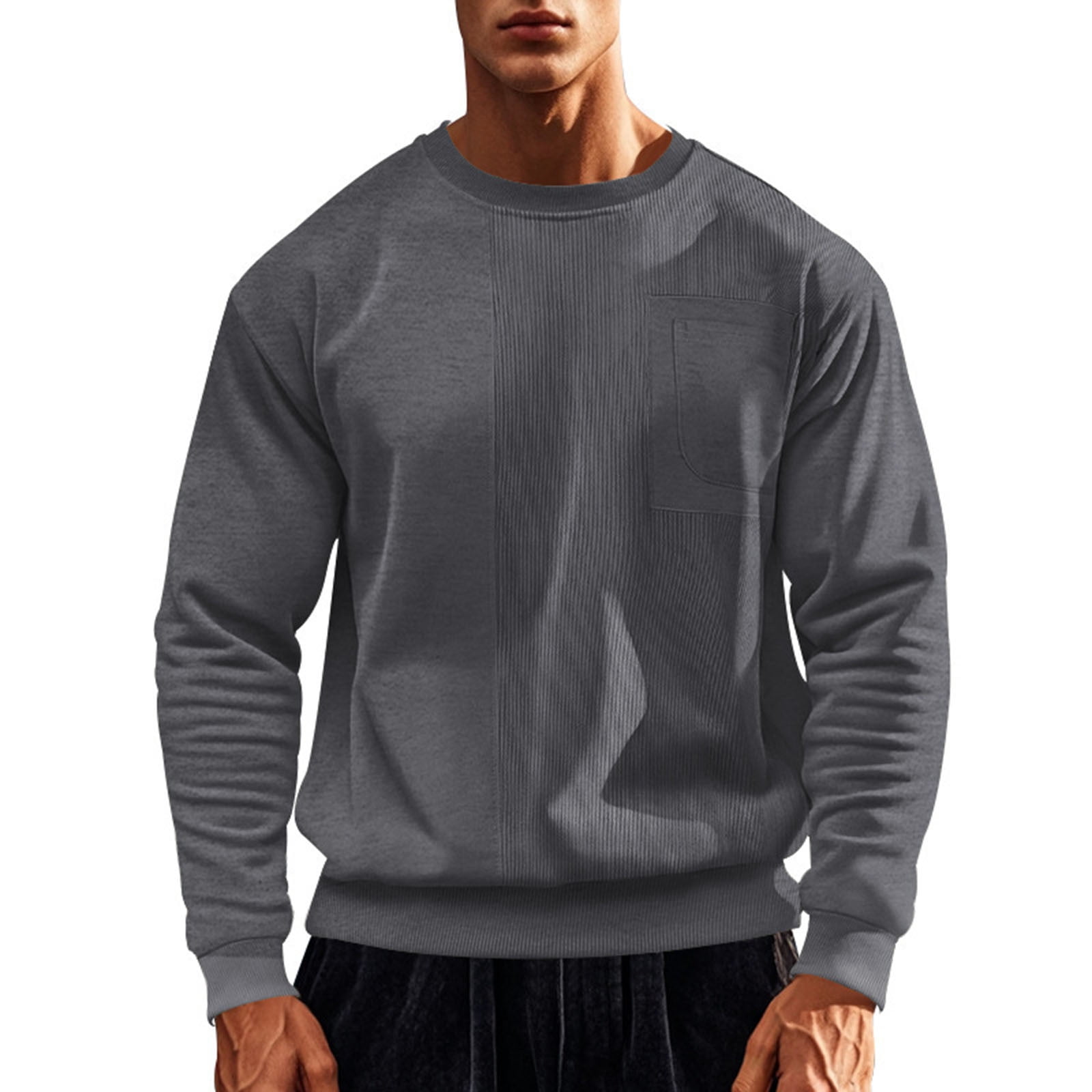 DeHolifer Men Sweatshirts Corduroy Solid Color Crewneck Long Sleeve ...