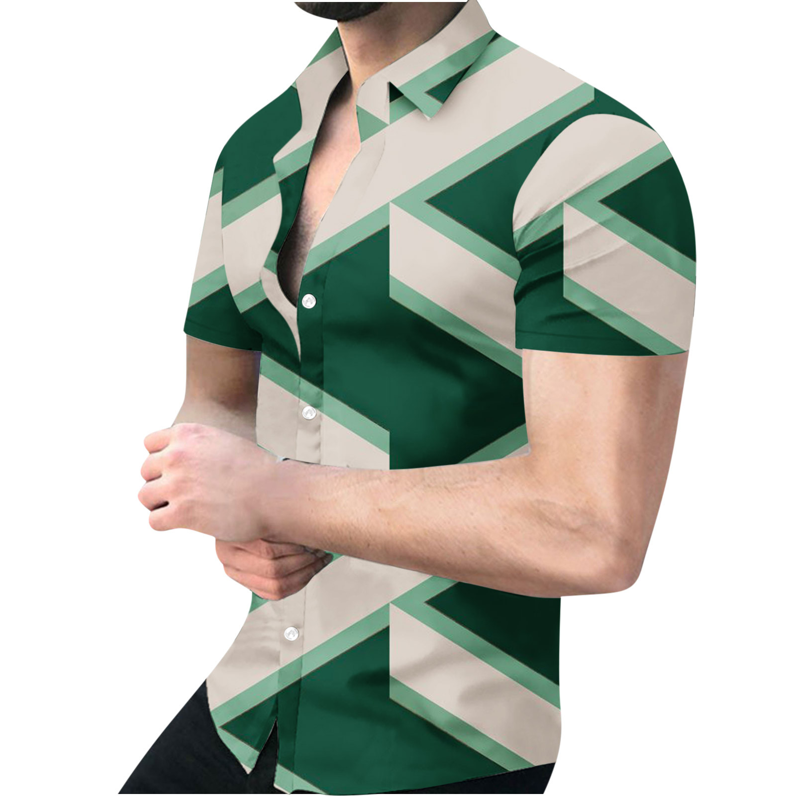 DeHolifer Men T-shirts Geometry Printed Short Sleeve Button Shirt Tops ...