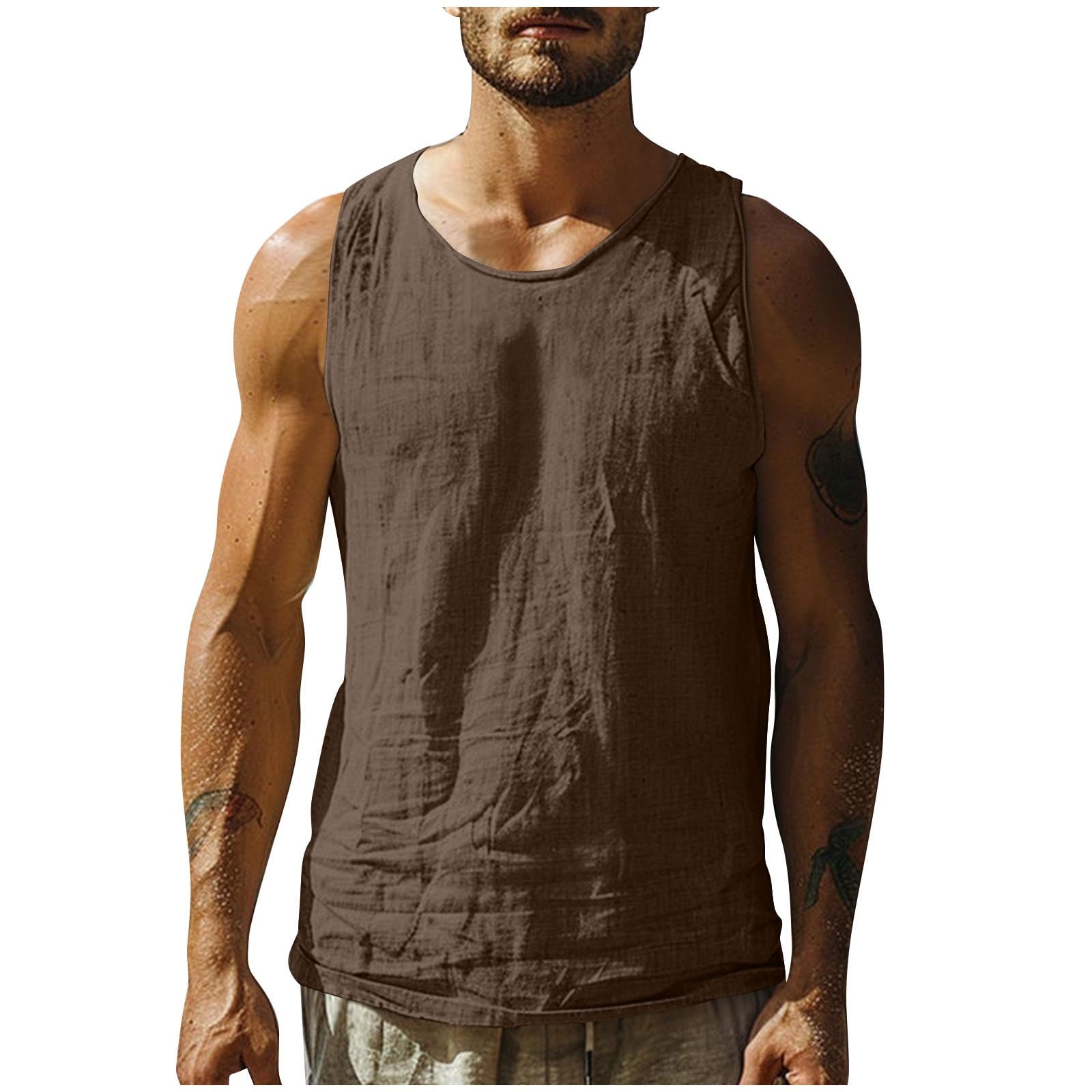 DeHolifer Men's T-Shirts Solid Color Crewneck Sleeveless Cotton Linen ...