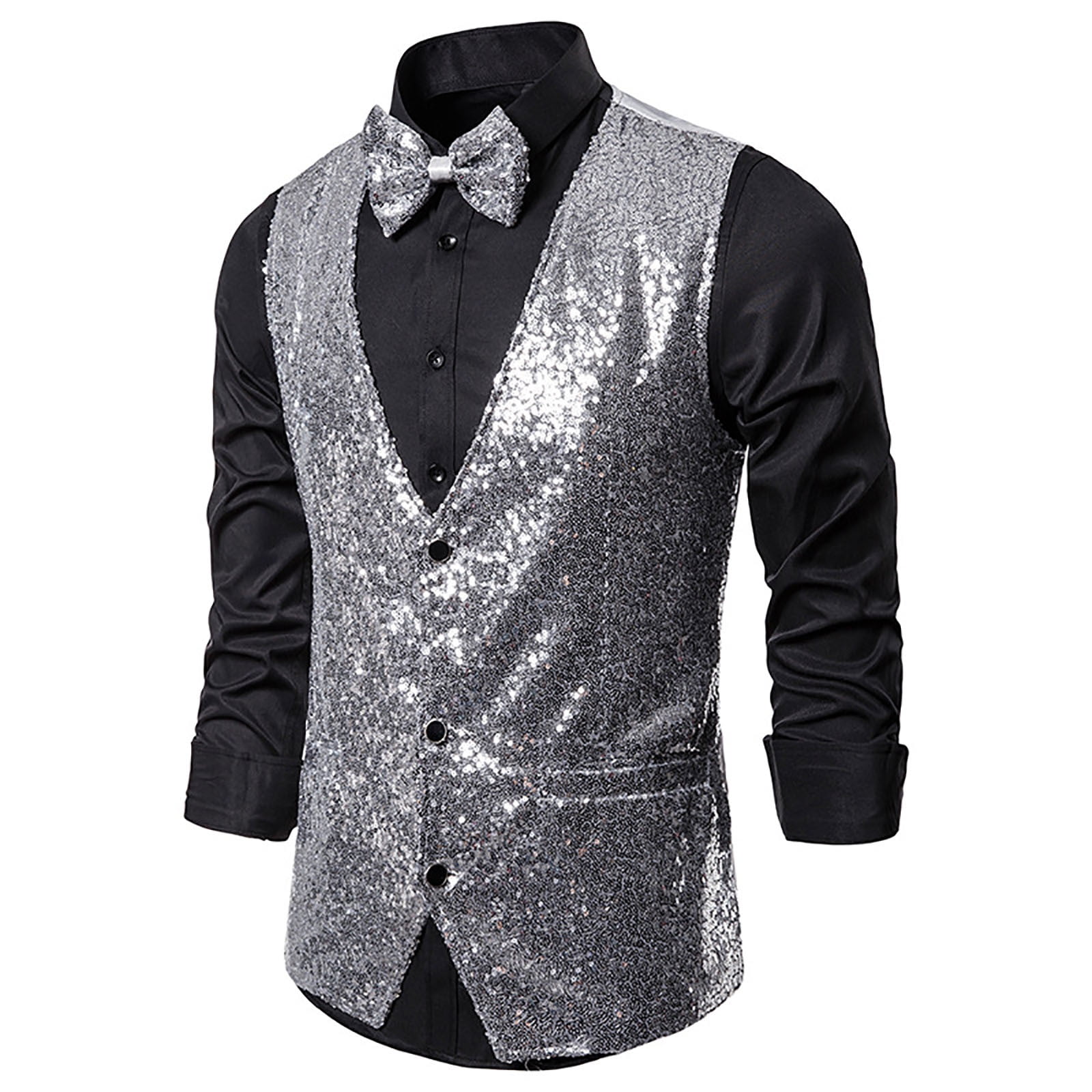 DeHolifer Men's Vest Jacket with Bow Tie, Fashion Sequins V-Neck ...