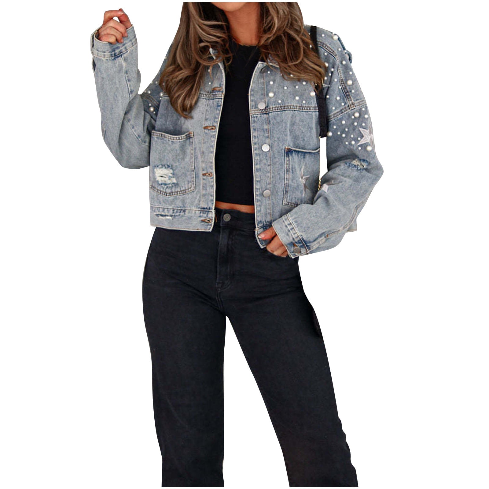DeHolifer Oversize Denim Jacket for Women Ripped Jean Jacket with ...