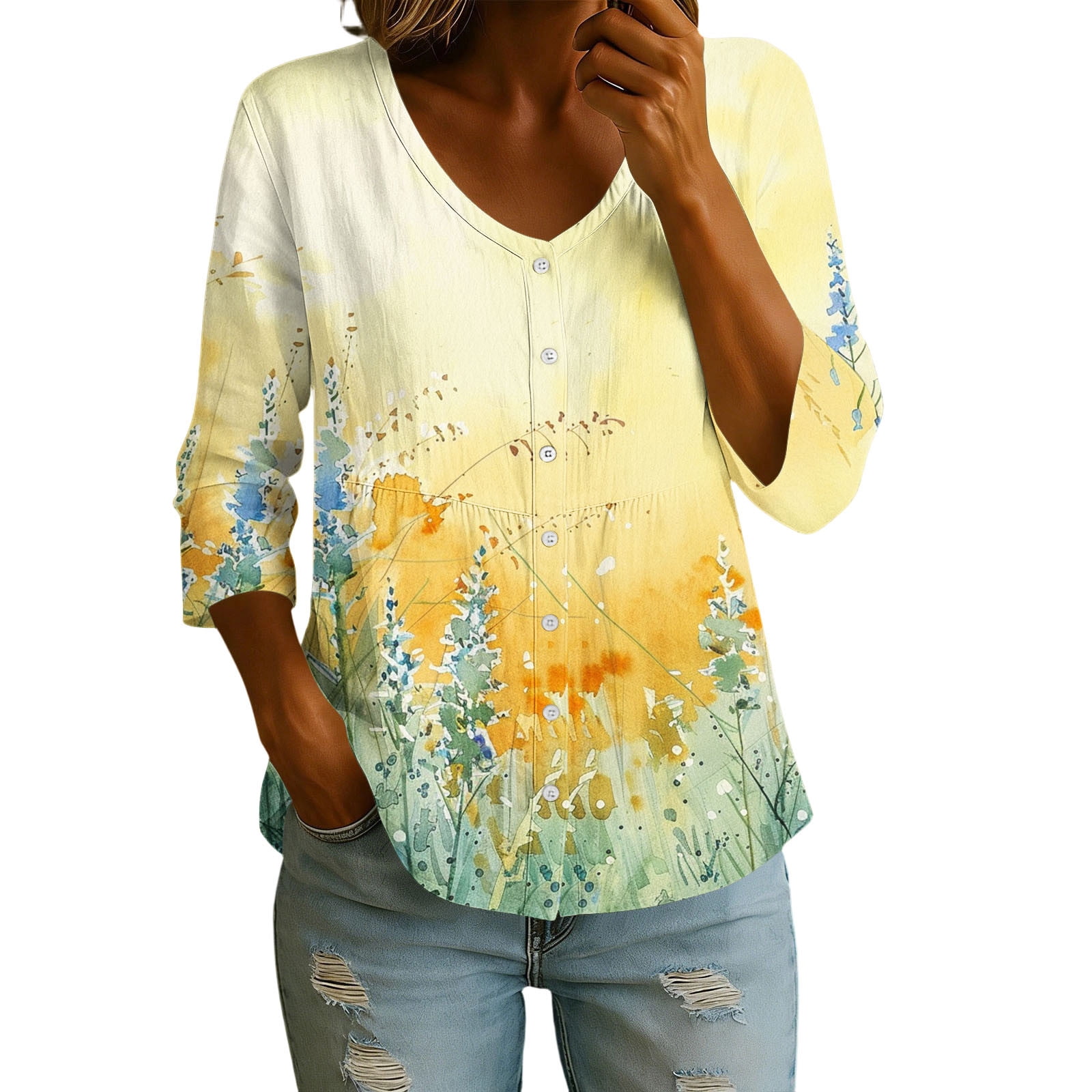 DeHolifer Shirts for Women 3/4 Sleeve V-Neck Button Casual Floral ...