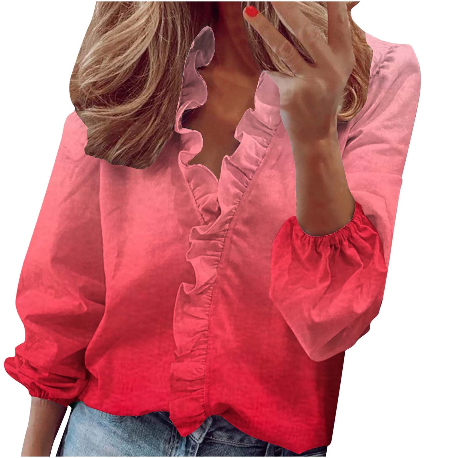 DeHolifer Shirts for Women Ruffle Long Sleeve Gradient Color V-Neck ...