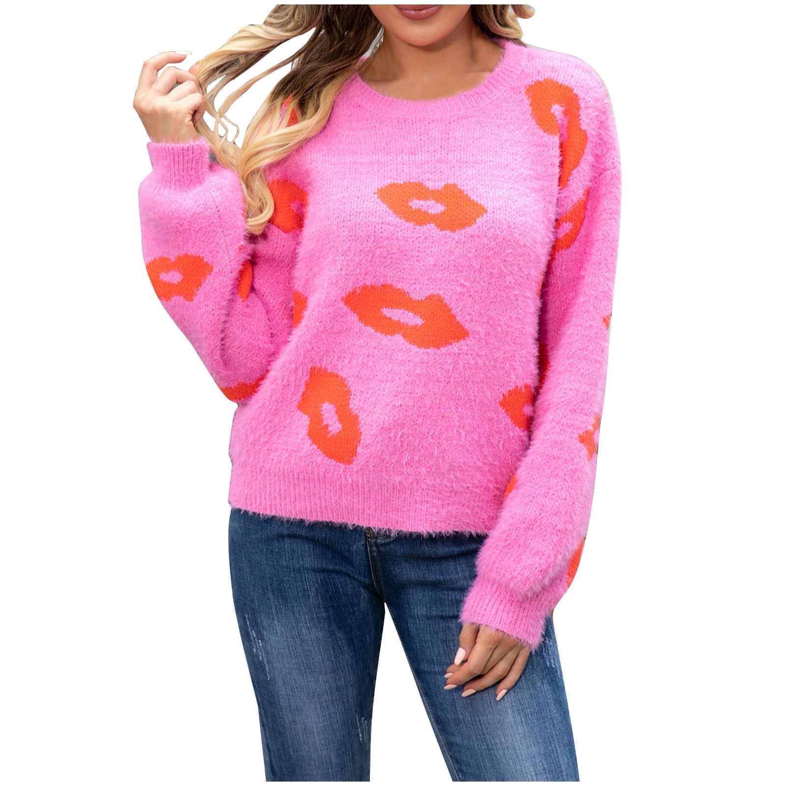 DeHolifer Sweaters for Women Lips Print Valentine's Day Long Sleeve ...