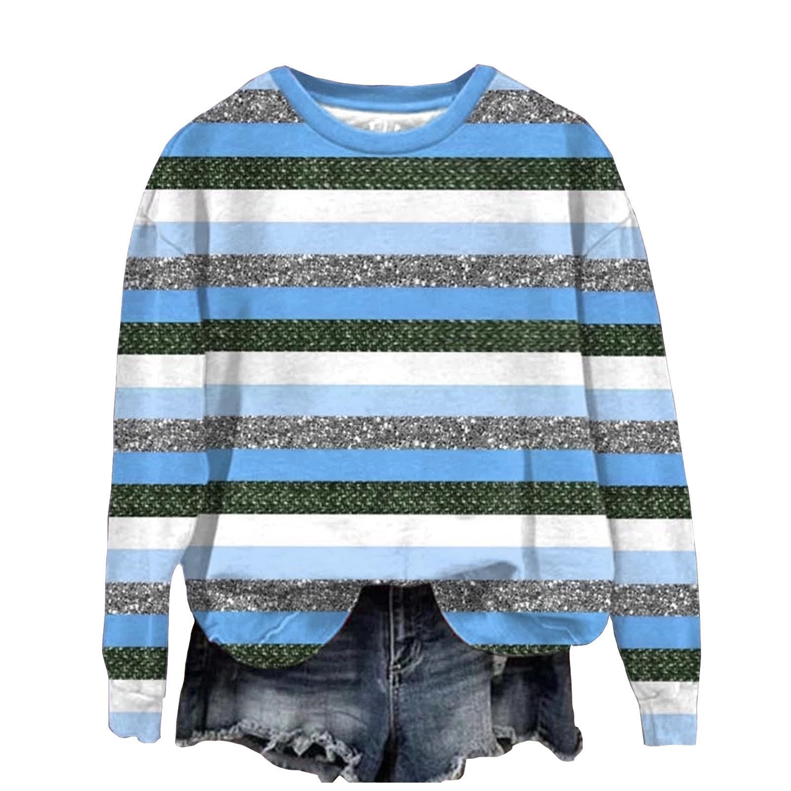 DeHolifer Sweatshirts for Women Plus Size Strip Print Crewneck Long ...