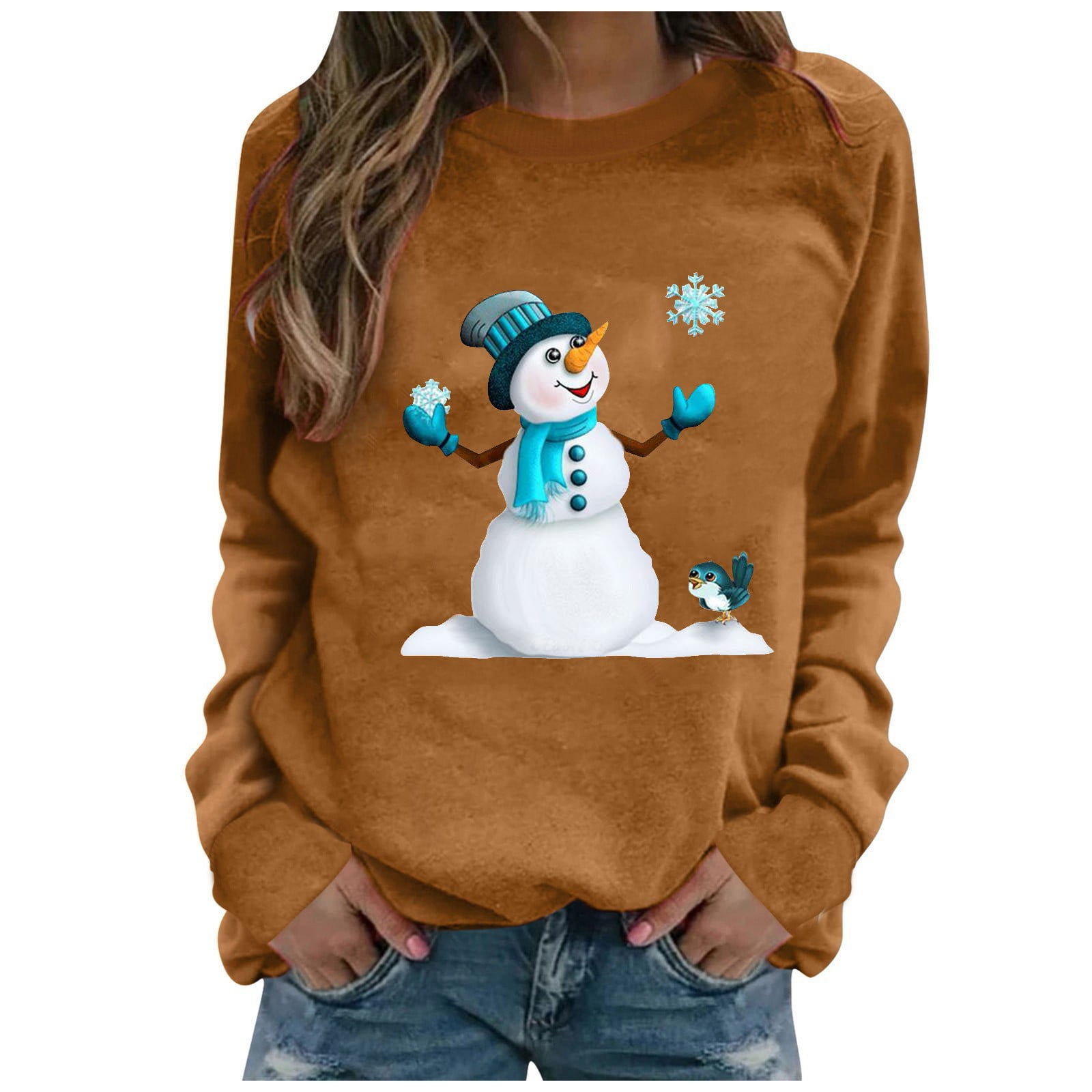QQAMB Sweatshirts for Women Snowman Graphic Print Crewneck Long Sleeve ...