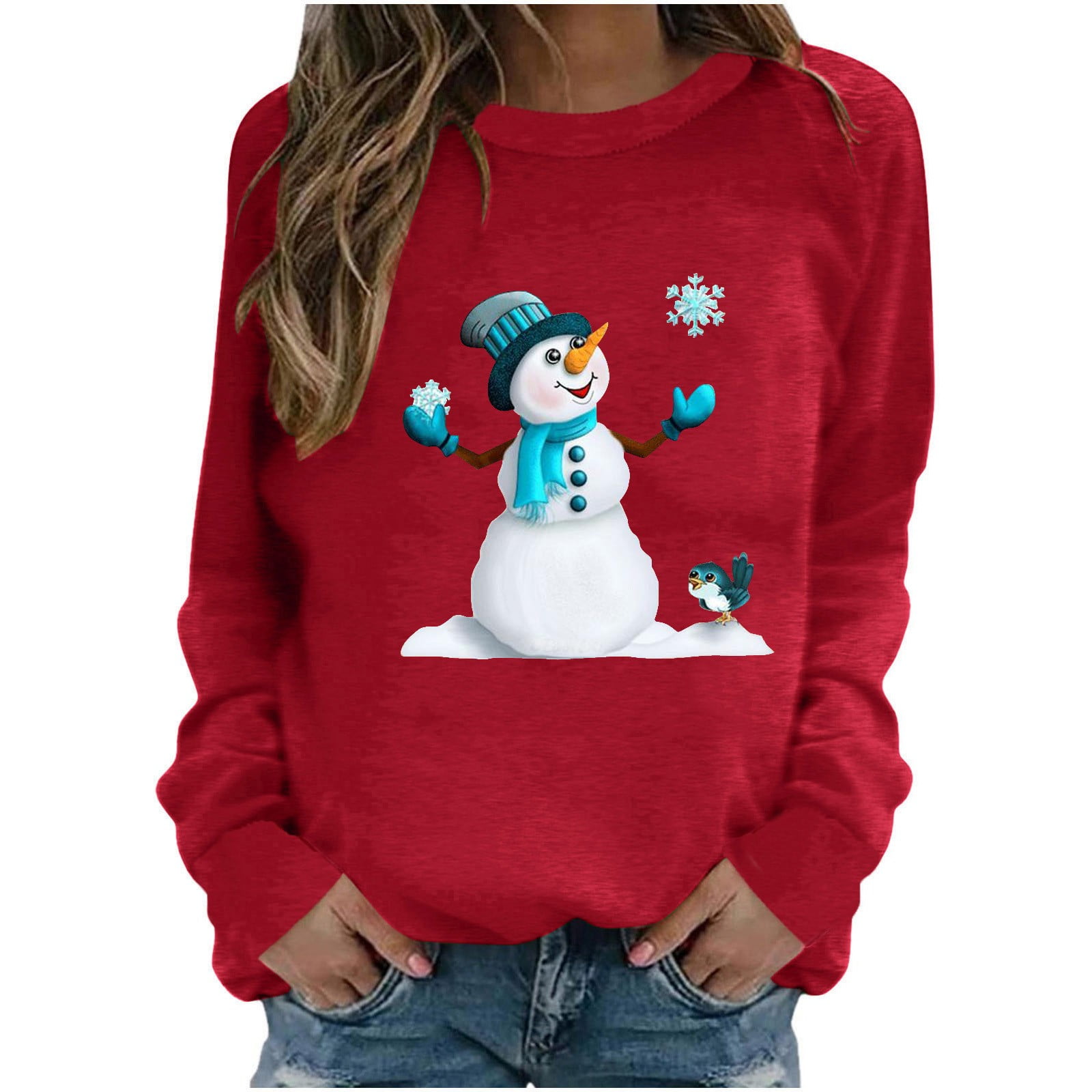 DeHolifer Sweatshirts for Women Snowman Graphic Print Crewneck Long ...