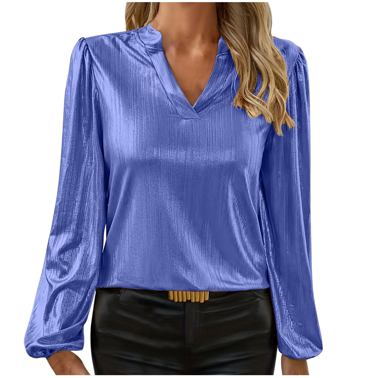 DeHolifer T-Shirts for Women Sequin Solid Color V-Neck Long Sleeve Blouse T-Shirts Dressy Tee ...