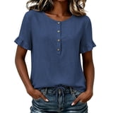 DeHolifer T-Shirts for Women Solid Color Crewneck Button Short Sleeve ...
