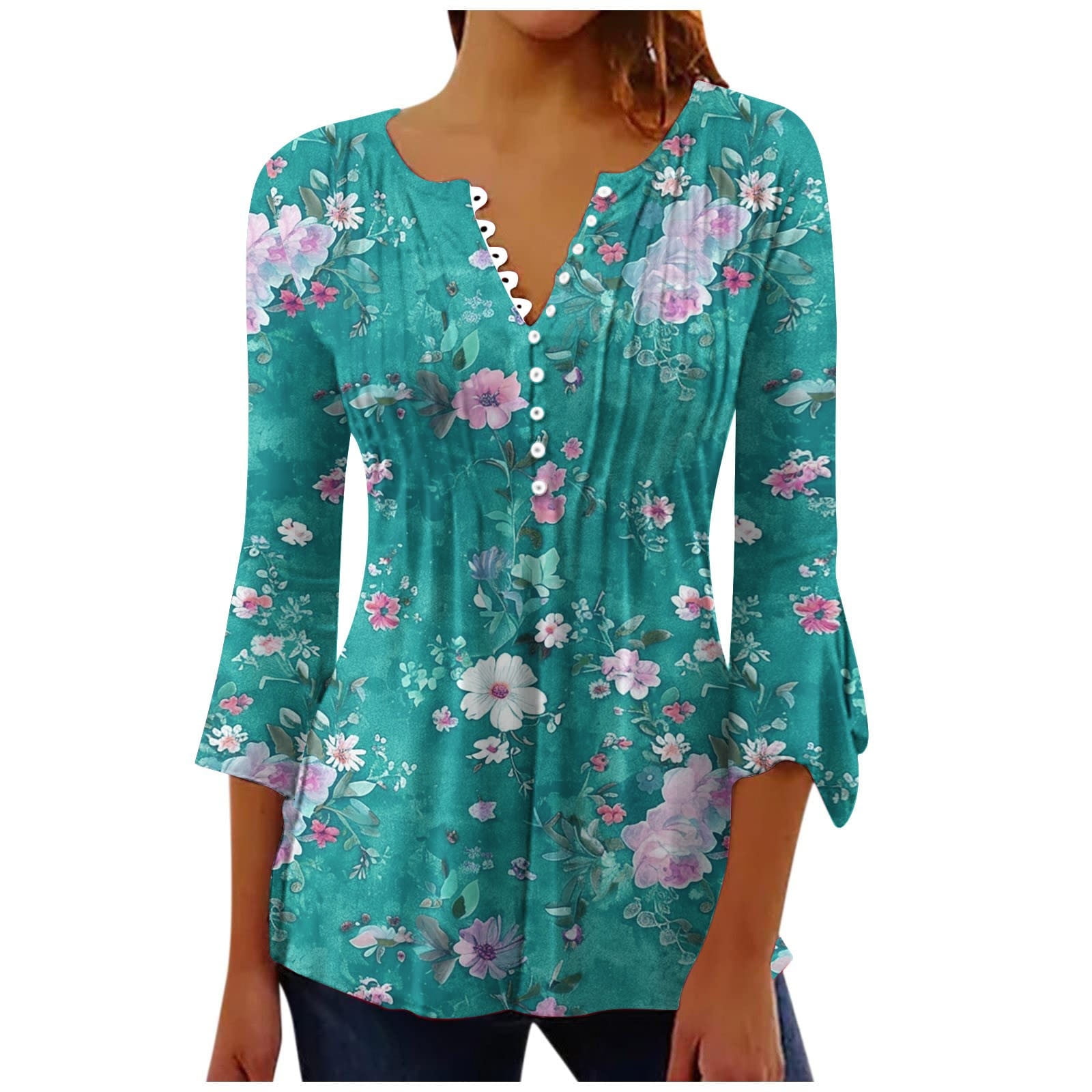 QQAMB Tunic Tops for Women Button Down Shirt Floral Print Summer Tops ...