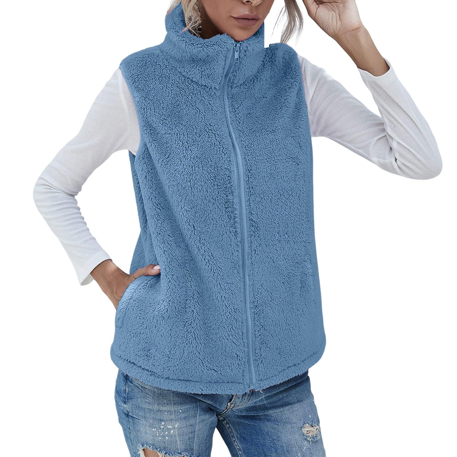 DeHolifer Vest for Women Sleeveless Solid Lapel Zipper Sherpa Fleece ...