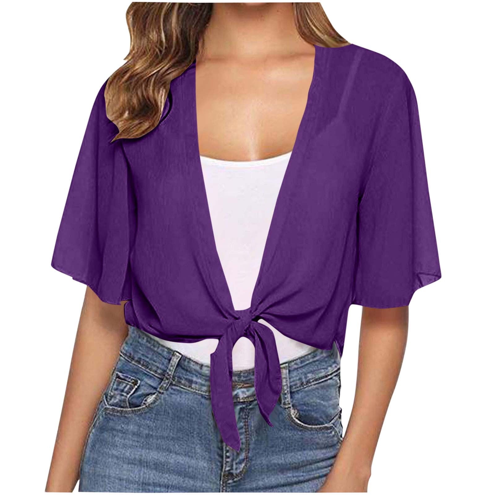 DeHolifer Women Cardigans Tie Front Chiffon Shrug Short Sleeve Cropped ...