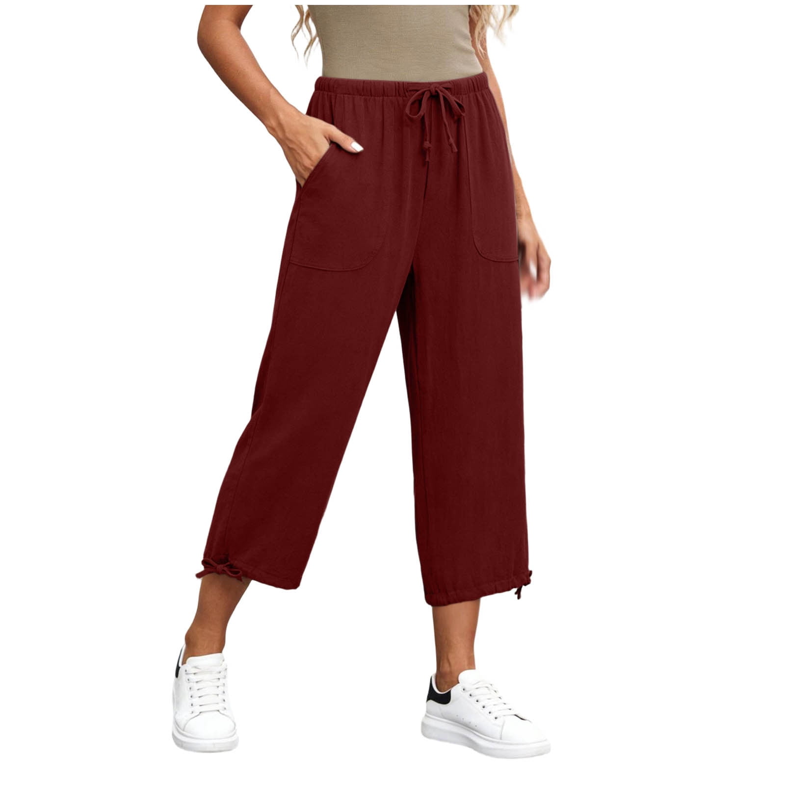 DeHolifer Women Casual Pants High Waisted Drawstring Loose Pocket ...