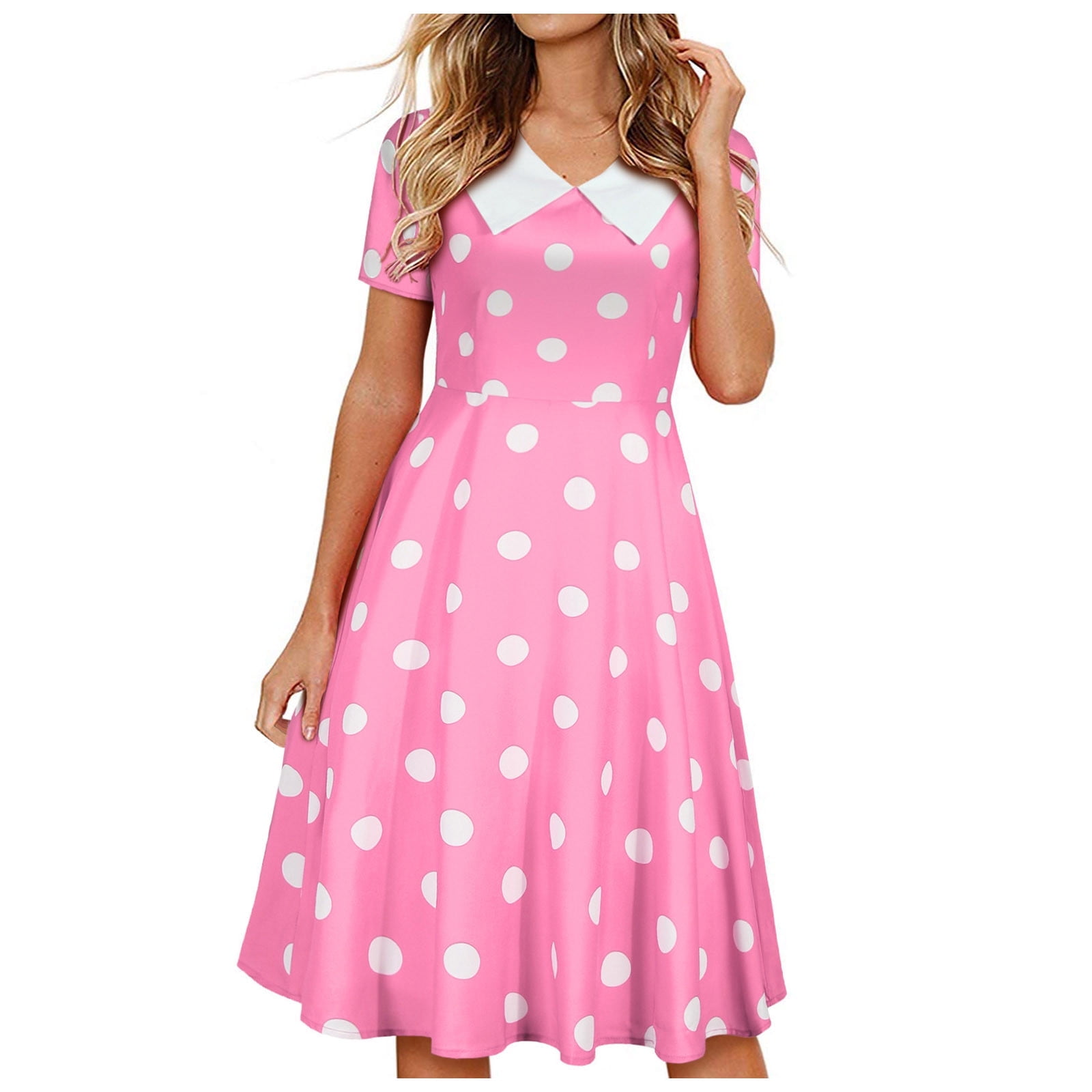 DeHolifer Women Dresses Vintage 1950s Pink Dot Sleeveless Trundown ...