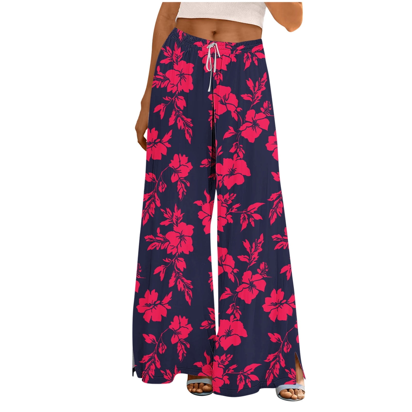 DeHolifer Women Linen Pants Elastic Waisted Drawstring Floral Printed Wide Leg Casual Loose ...