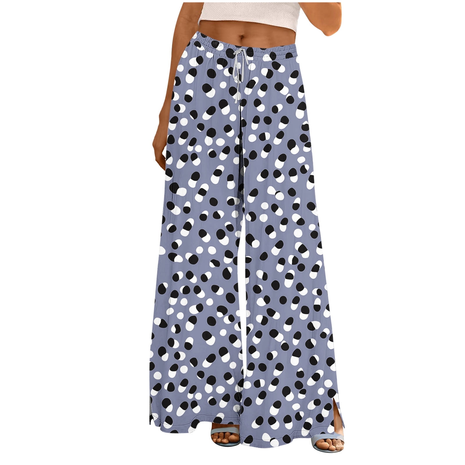 DeHolifer Women Linen Pants Elastic Waisted Drawstring Floral Printed Wide Leg Casual Loose ...