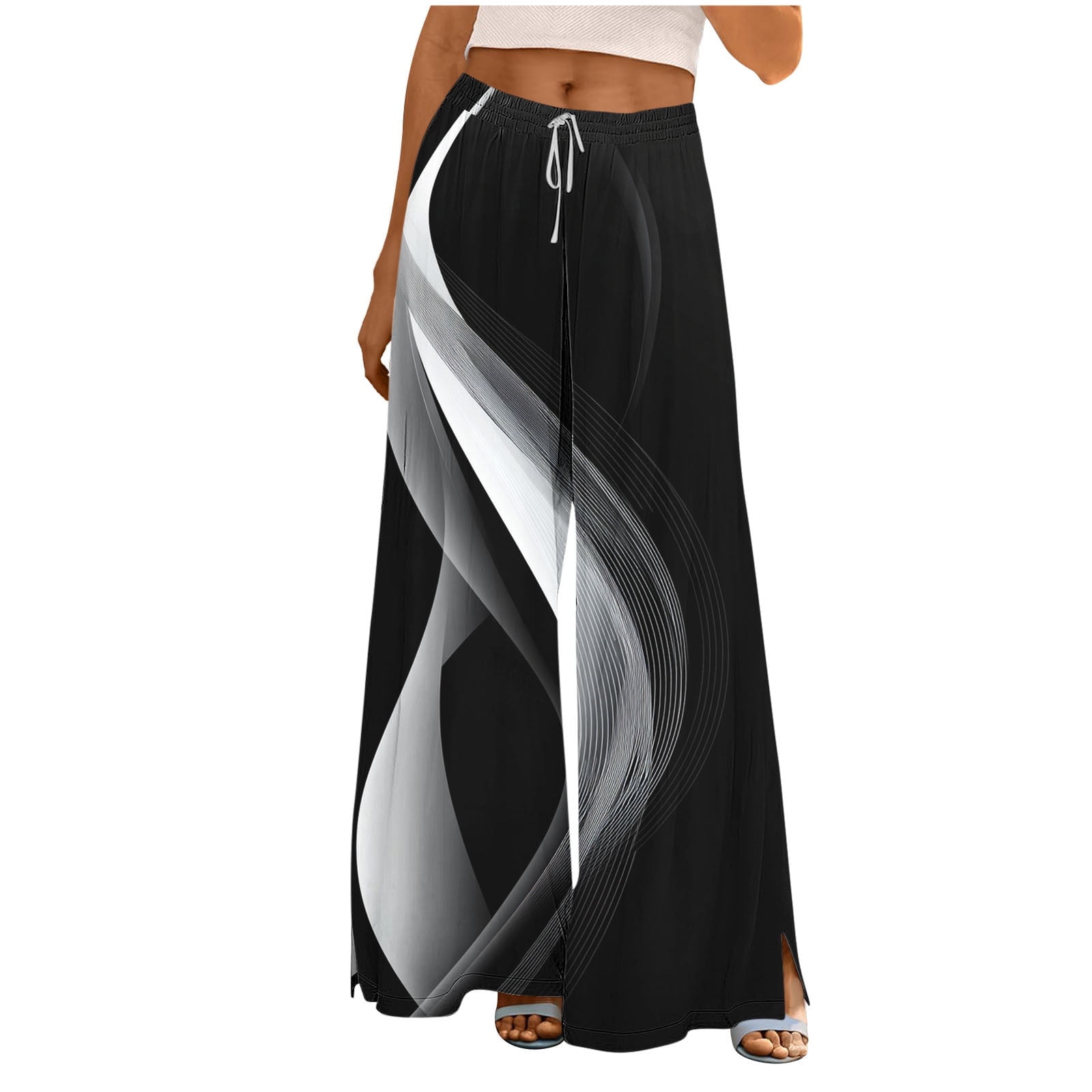 QQAMB Women Linen Pants Elastic Waisted Drawstring Strip Printed Wide Leg Casual Loose Pockets ...