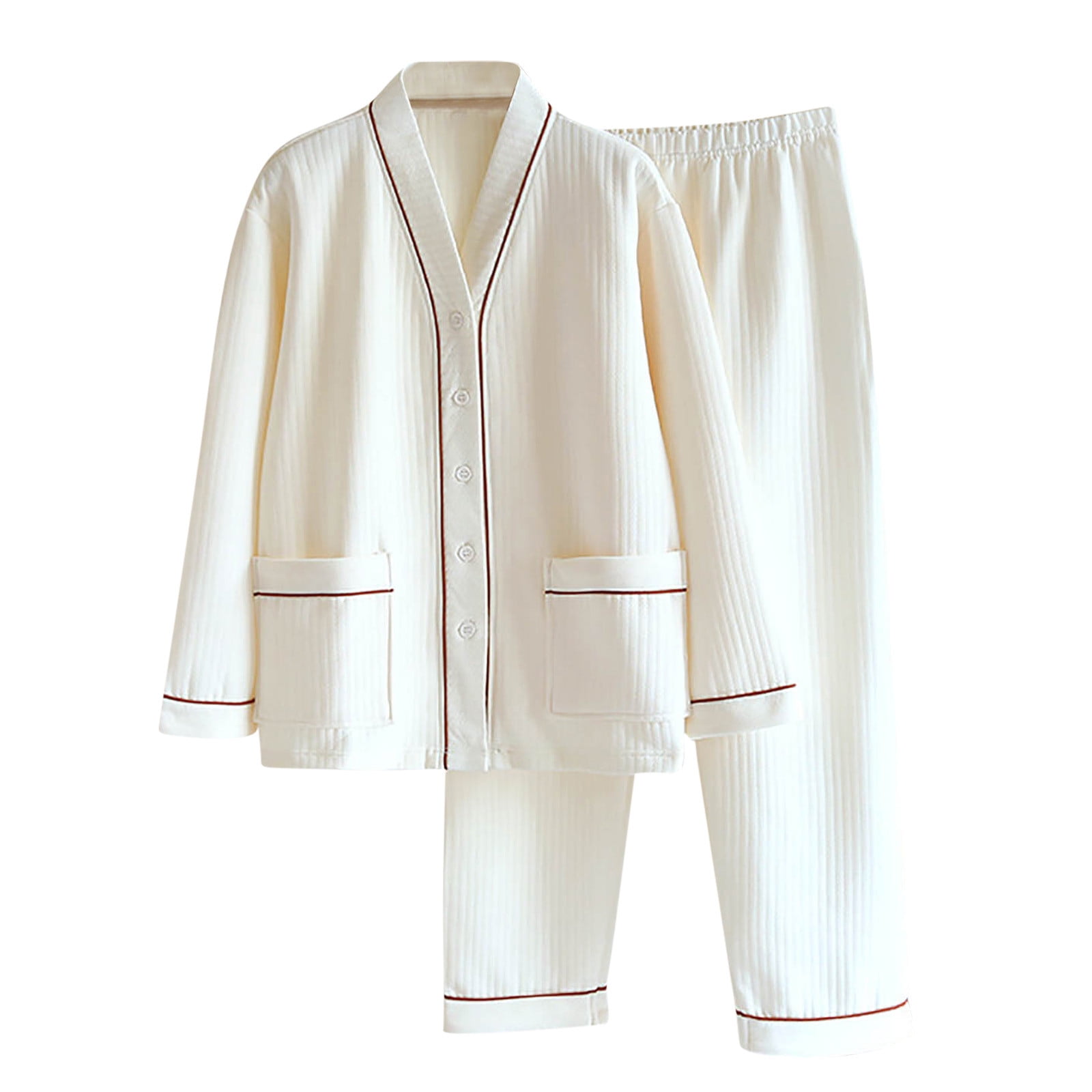 DeHolifer Women Pajamas Set Long Sleeve V-Neck Button Top and Long Pant ...