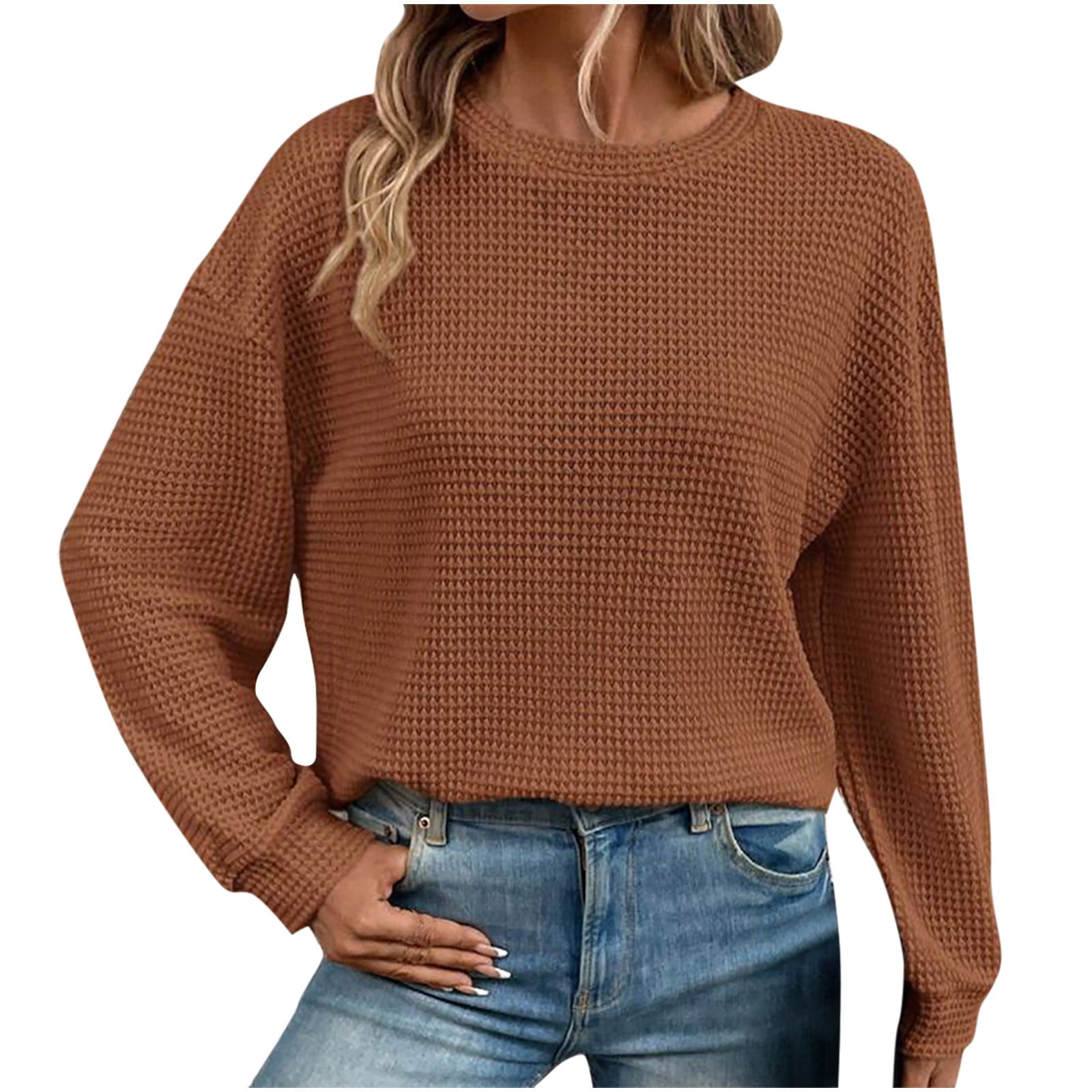 DeHolifer Women Sweaters Waffle Loose Crewneck Solid Color Long Sleeve ...