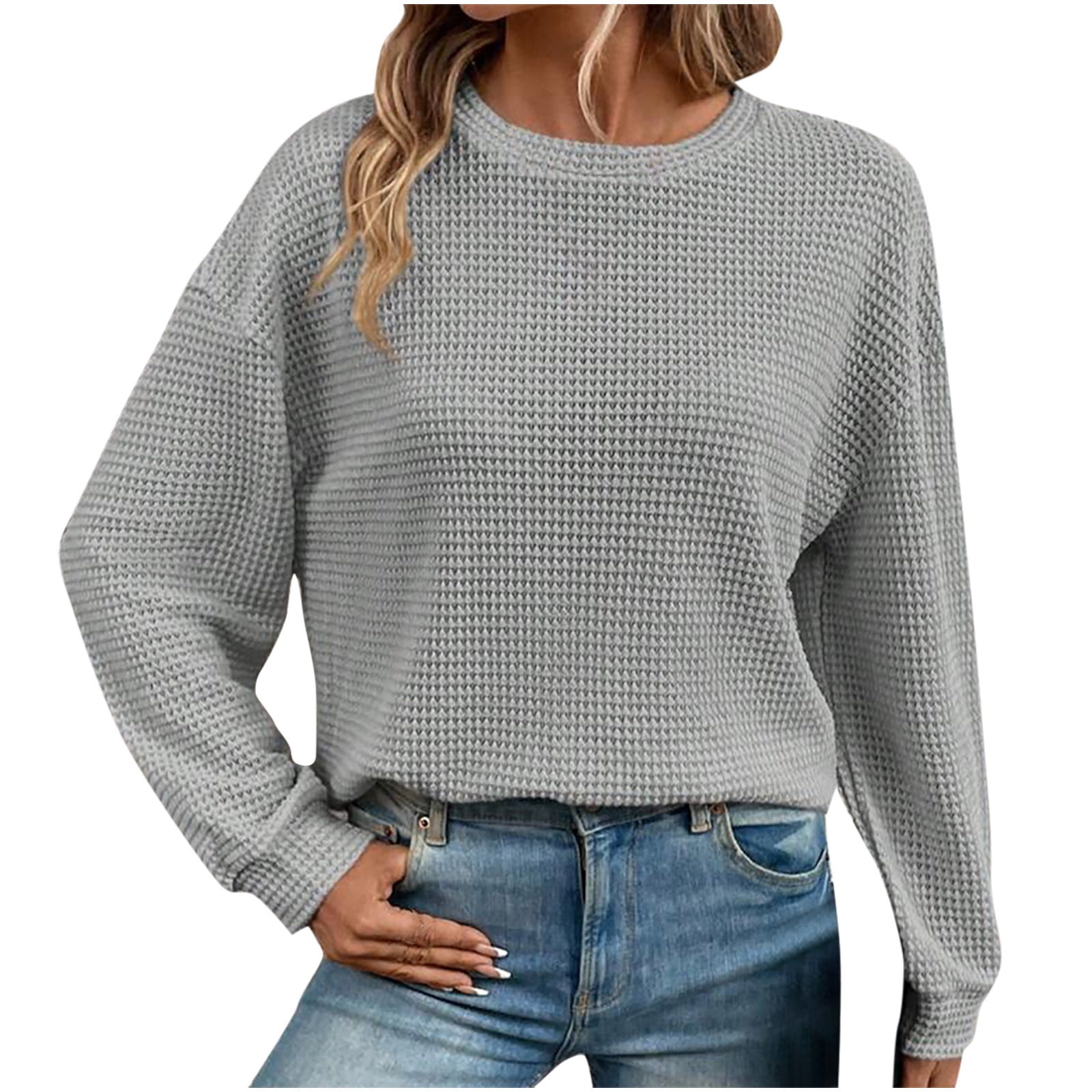 DeHolifer Women Sweaters Waffle Loose Crewneck Solid Color Long Sleeve ...