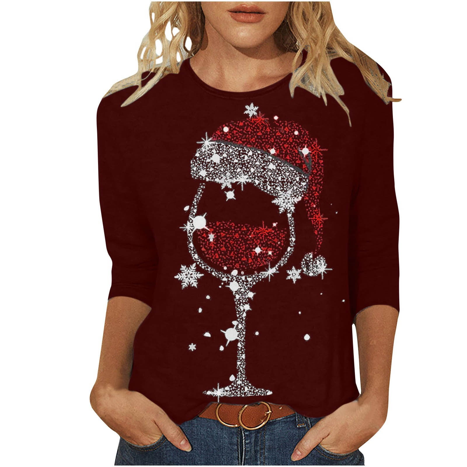 DeHolifer Women T-Shirts Red Wine Glass 3/4 Sleeve Christmas Pullover ...