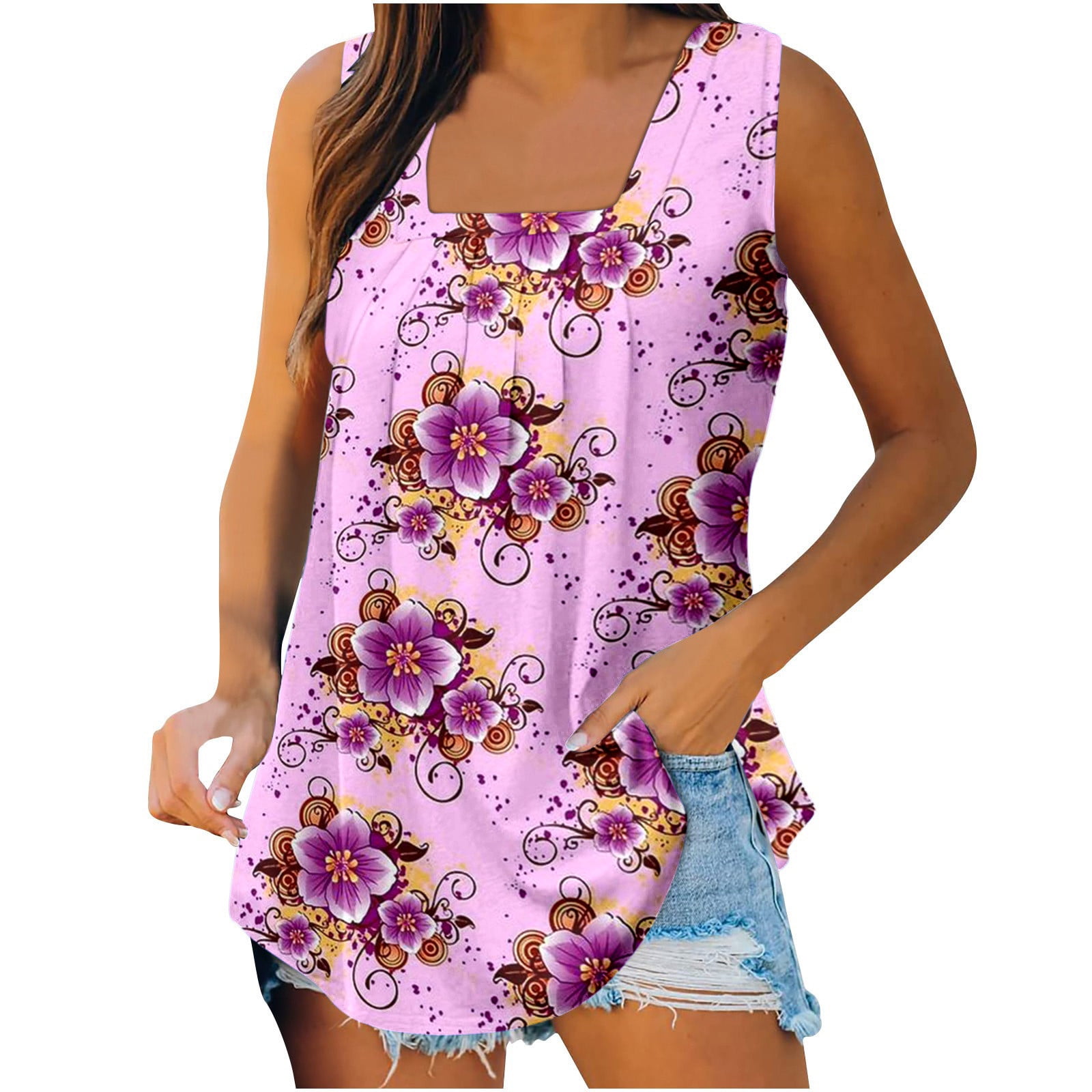 Deholifer Women Tank Top Sleeveless Square Neck Floral Printed Loose Tank Tops Summer Fashion
