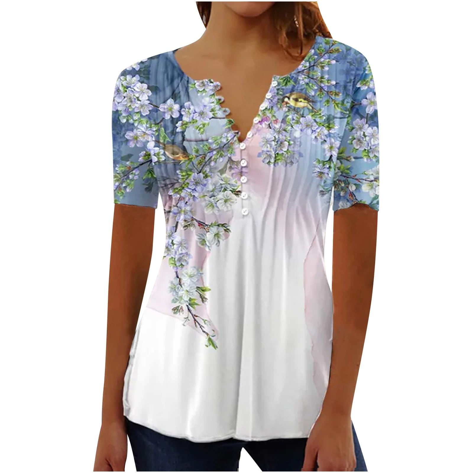 DeHolifer Women Tops Cotton Elegant Floral Print Summer Cool Tees Short ...