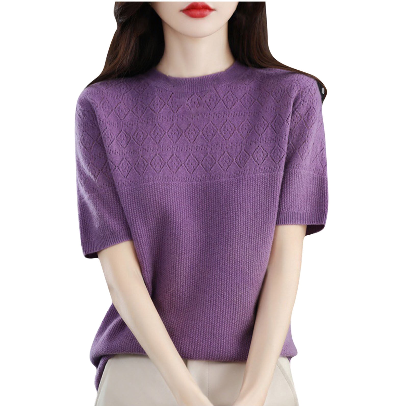 DeHolifer Women Tops Solid Half Sleeve Crewneck Knit Sweater Elegant ...