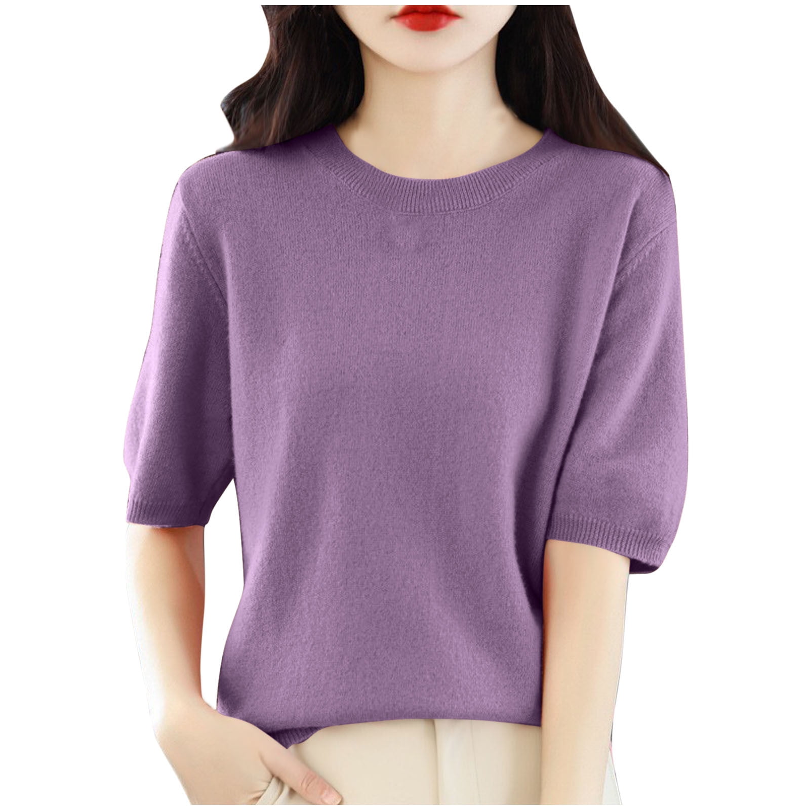 DeHolifer Women Tops Solid Half Sleeve Crewneck Knit Sweater Elegant ...