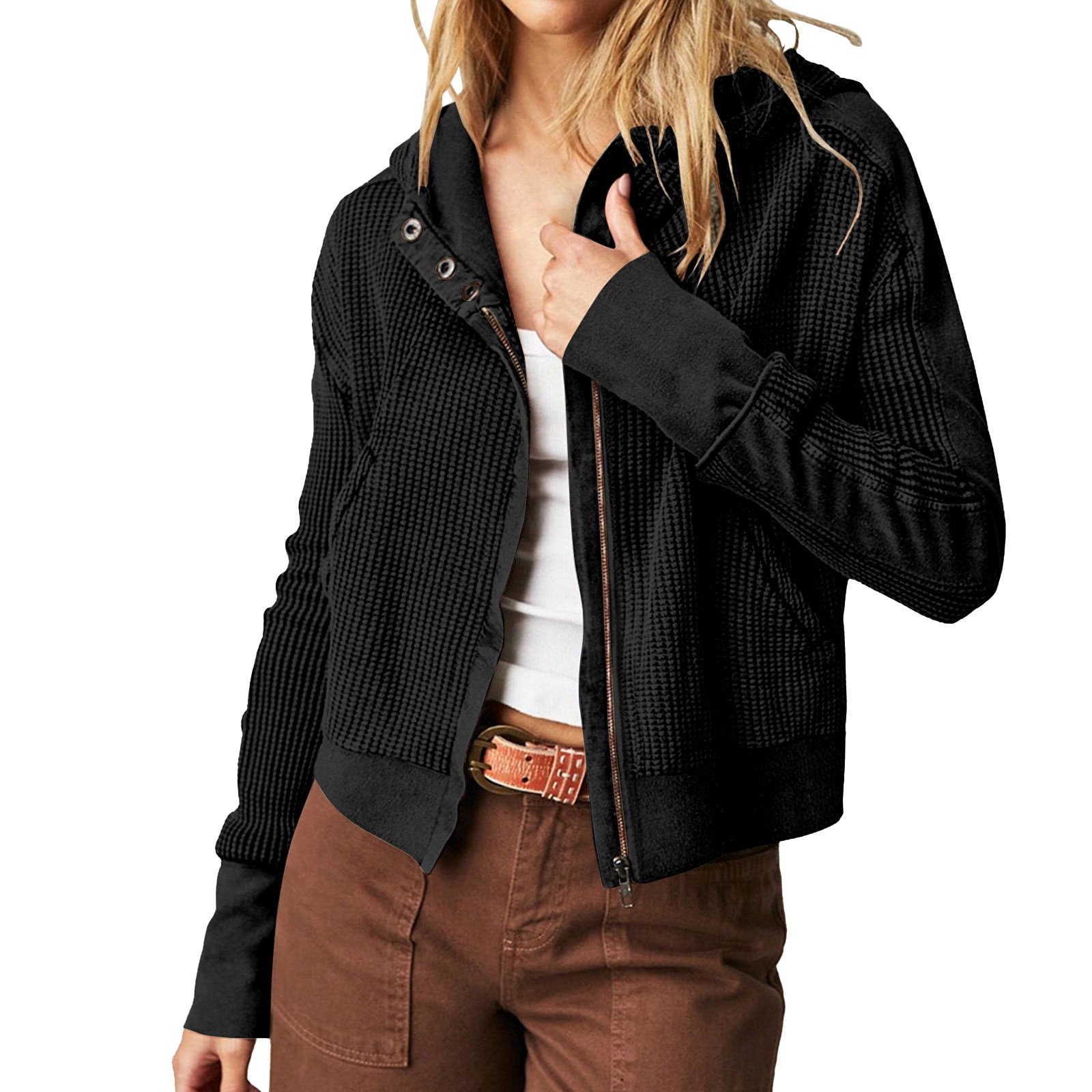 DeHolifer Women Waffle Jacket Cotton Knit Hoodies Zip Up Cropped Jacket ...